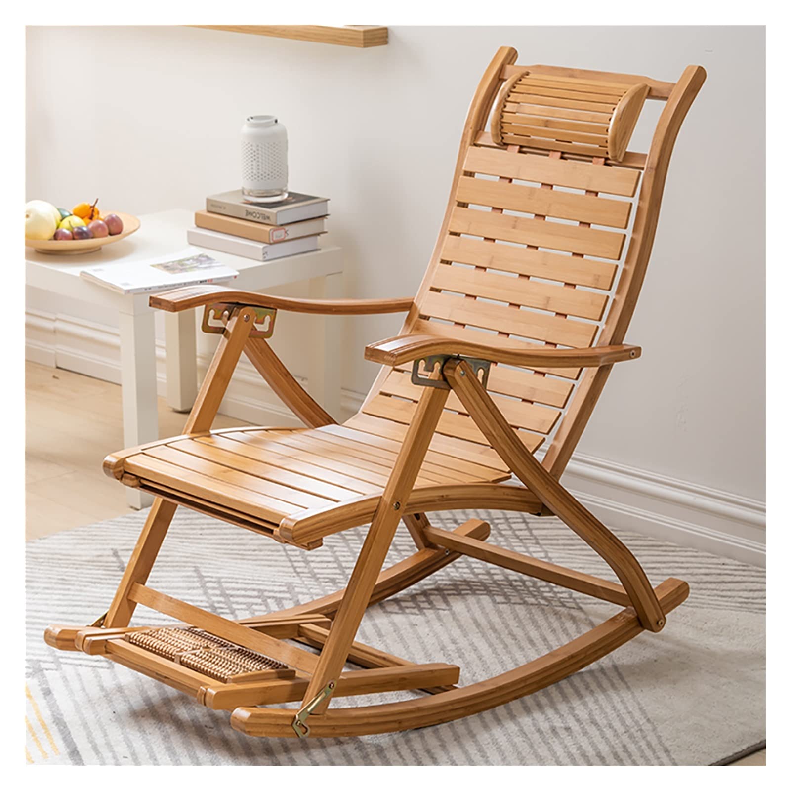 Wooden Folding Rocking Chair Zero Gravity Chair Garden Deck Chairs Reclining Sun Lounger Chairs,Patio Rocking Chairs Bamboo Loungers for Heavy Duty Adults Elderly