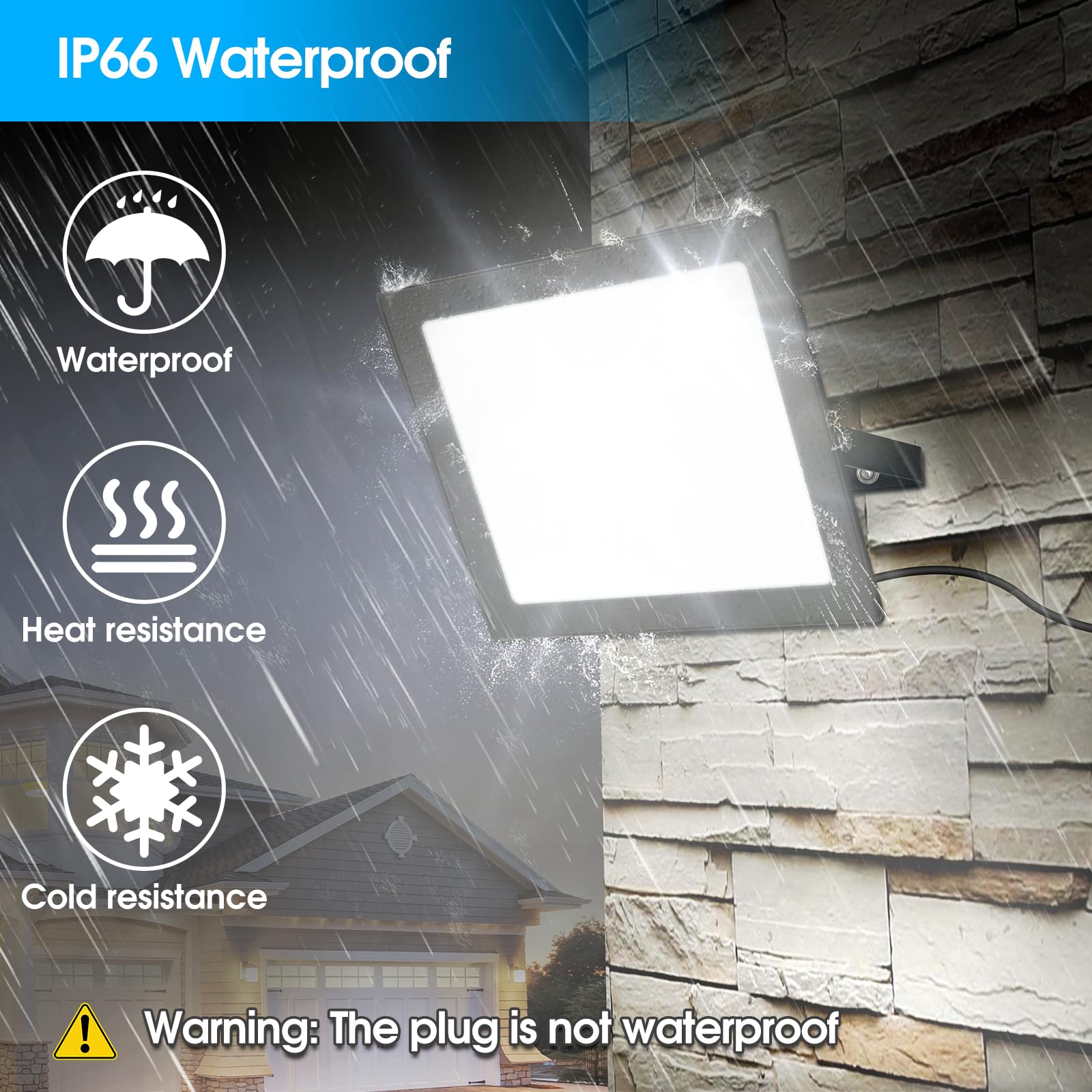 Yolovis Flood Lights Outdoor with Plug,100W 10000LM Super Bright LED Work Light,IP66 Waterproof Security Light,Outside Floodlight for Garage,2 Pack