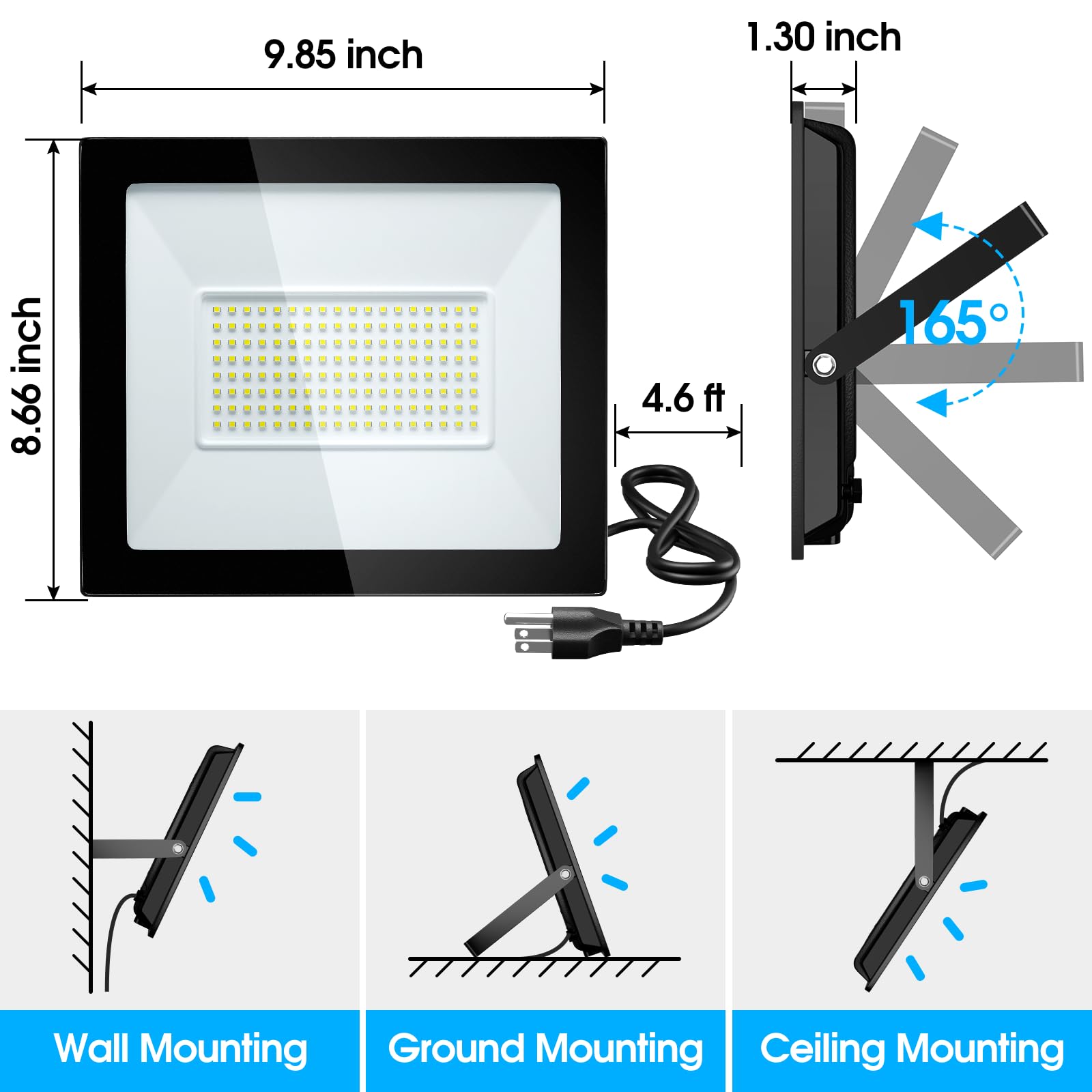 Yolovis Flood Lights Outdoor with Plug,100W 10000LM Super Bright LED Work Light,IP66 Waterproof Security Light,Outside Floodlight for Garage,2 Pack