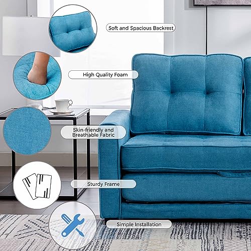 RIDFY Modern Convertible Sleeper Sofa Bed with Pull-Out Bed and Two Side Pockets, Chenille Loveseat Sleeper Sofa Couch for Living Room, Apartment, Office (Blue)