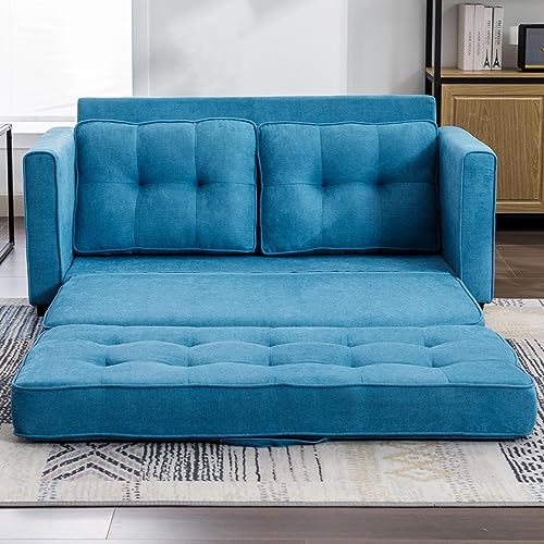 RIDFY Modern Convertible Sleeper Sofa Bed with Pull-Out Bed and Two Side Pockets, Chenille Loveseat Sleeper Sofa Couch for Living Room, Apartment, Office (Blue)