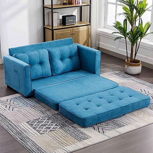 RIDFY Modern Convertible Sleeper Sofa Bed with Pull-Out Bed and Two Side Pockets, Chenille Loveseat Sleeper Sofa Couch for Living Room, Apartment, Office (Blue)