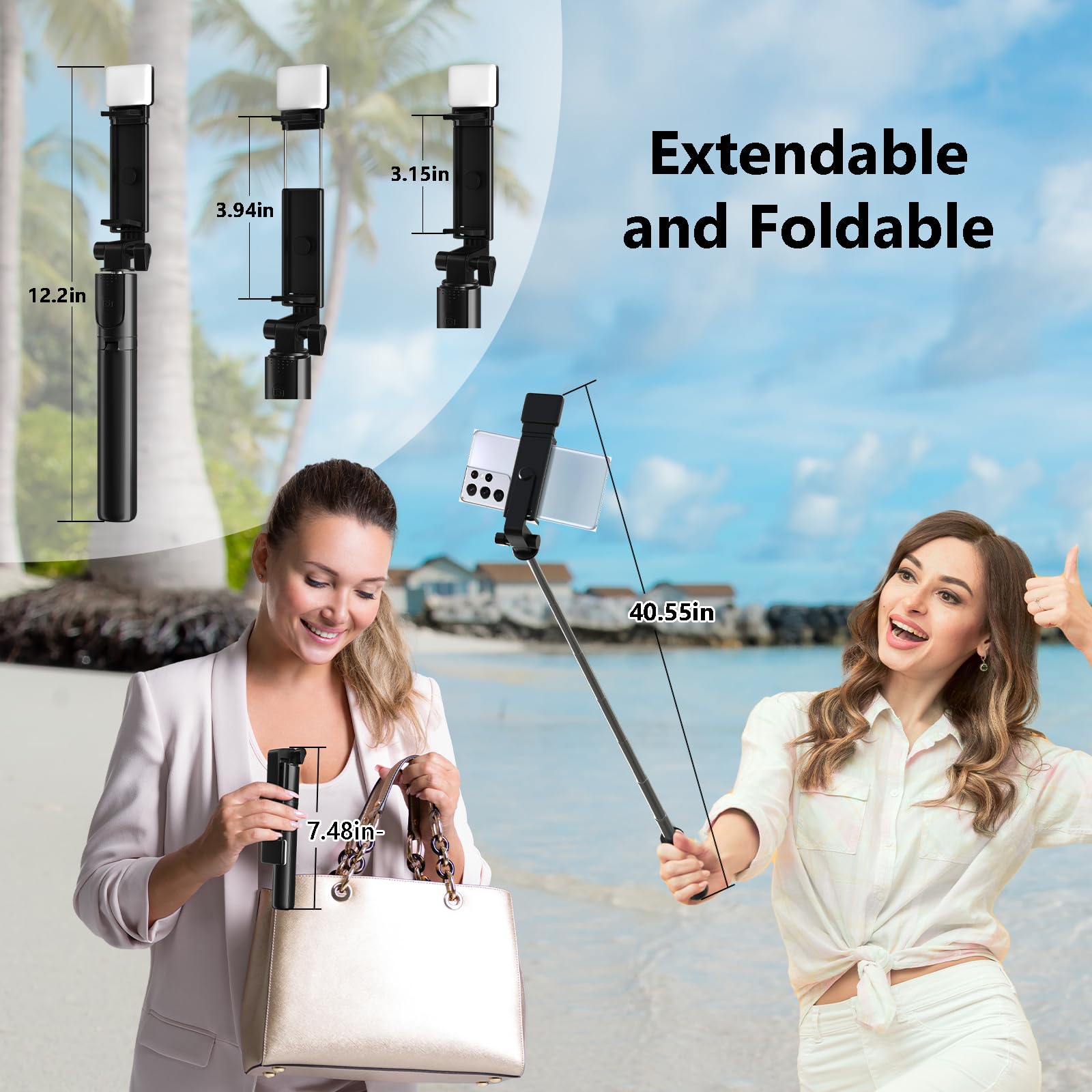 Selfie Stick, 40 in Retractable Phone Tripod with Wireless Remote Control & Light, Portable Selfie Stick Tripod for Photograph, Live Streaming, Video Recording, Compatible with All Cellphones