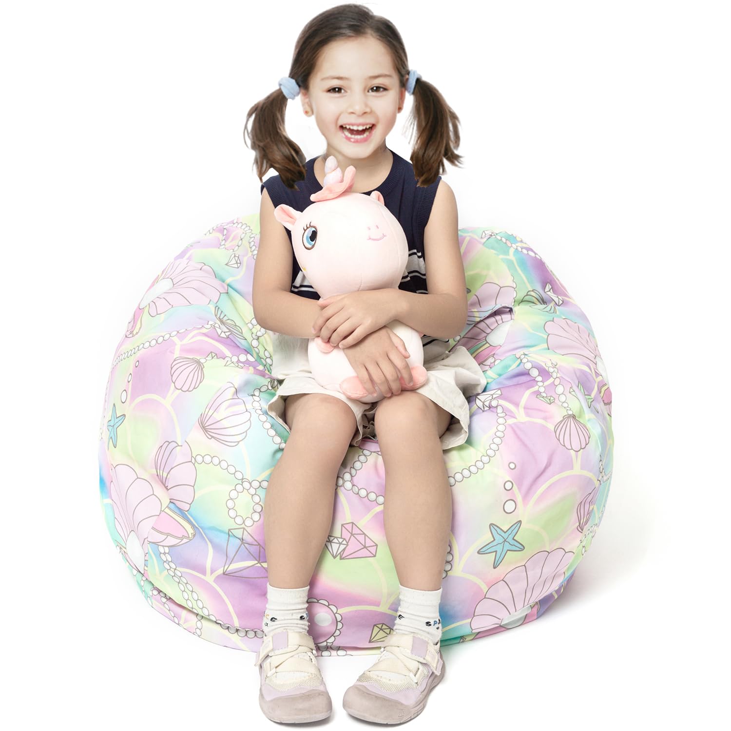 LOLOMLO Stuffed Animal Storage Bean Bag Chair Cover, Hold Kids Plush Toys Blankets Towels Beanbag (Cover Only), Canvas Floor Circle Stuff Sit Seat Sofa with YKK Zipper, Large 32", Pink Shell