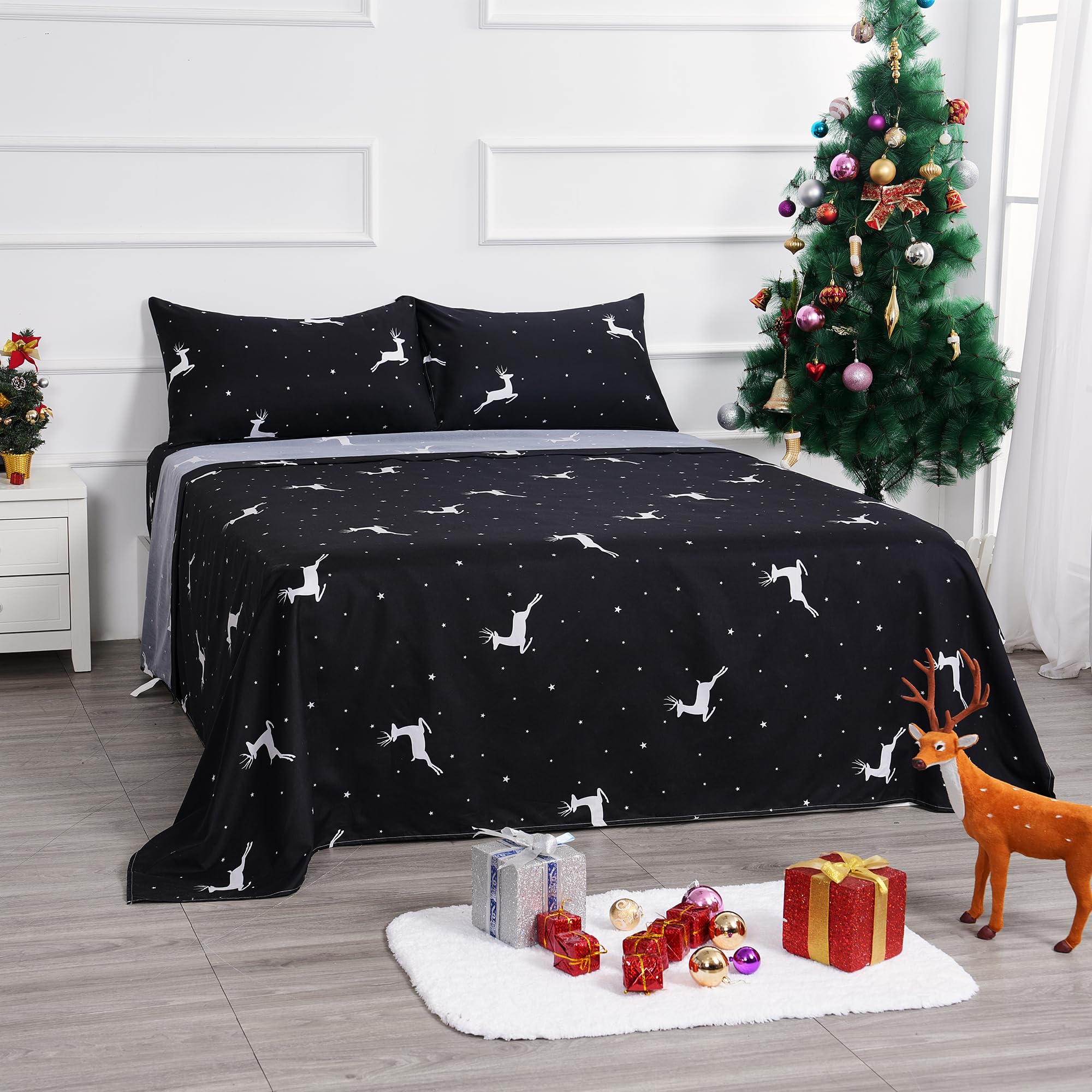 Bed Sheet Set - 3 Piece Twin Size - Reindeers/Stars Printed Christmas Decor - Soft Durable Microfiber Bedding Sheet Set,Deep Pocket,Stain,Fade & Wrinkle Resistant