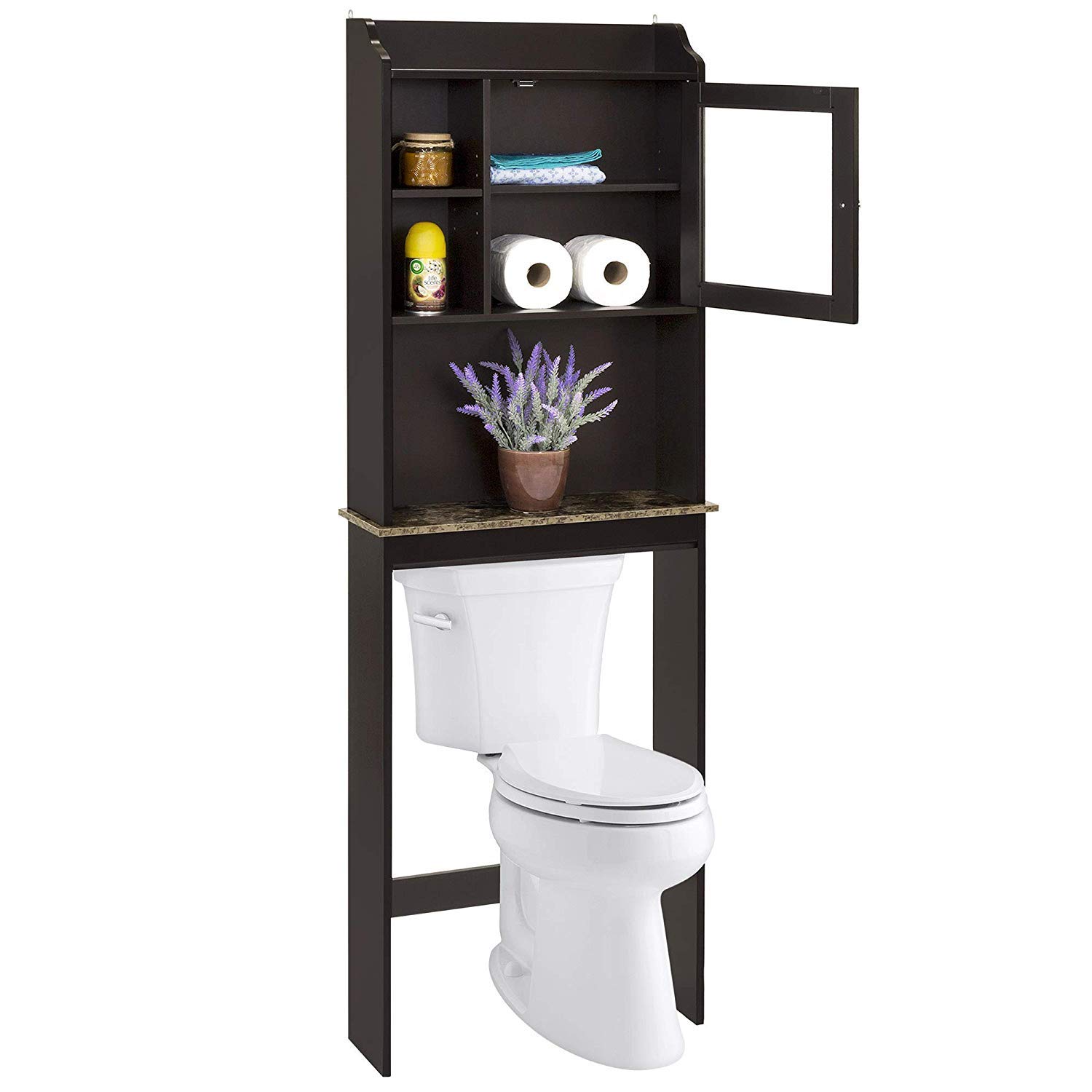 WISCLASS Over-The-Toilet Storage Cabinet, Bathroom Organizer Space Saver, Modern Wood Design with Silver Metal Handles and Removable Panel, Black