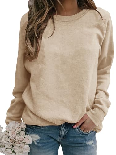Smile Fish Womens Crewneck Long Raglan Sleeve Sweatshirt Relaxed Fit Soft Pullover Fall Tops Cotton Blend Beige Tan,XL
