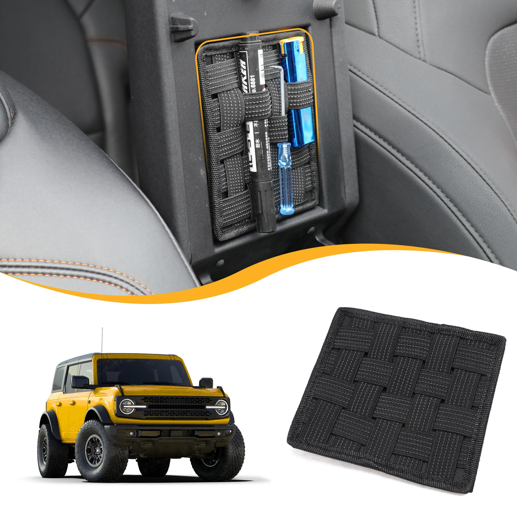 RERPRO Center Console Organizer Storage Compatible with 2021 2022 2023 2024 2025 Ford Bronco 2/4 Door Interior Accessories Armrest Tactical Webbing Molle Panel, 1 Pack Black