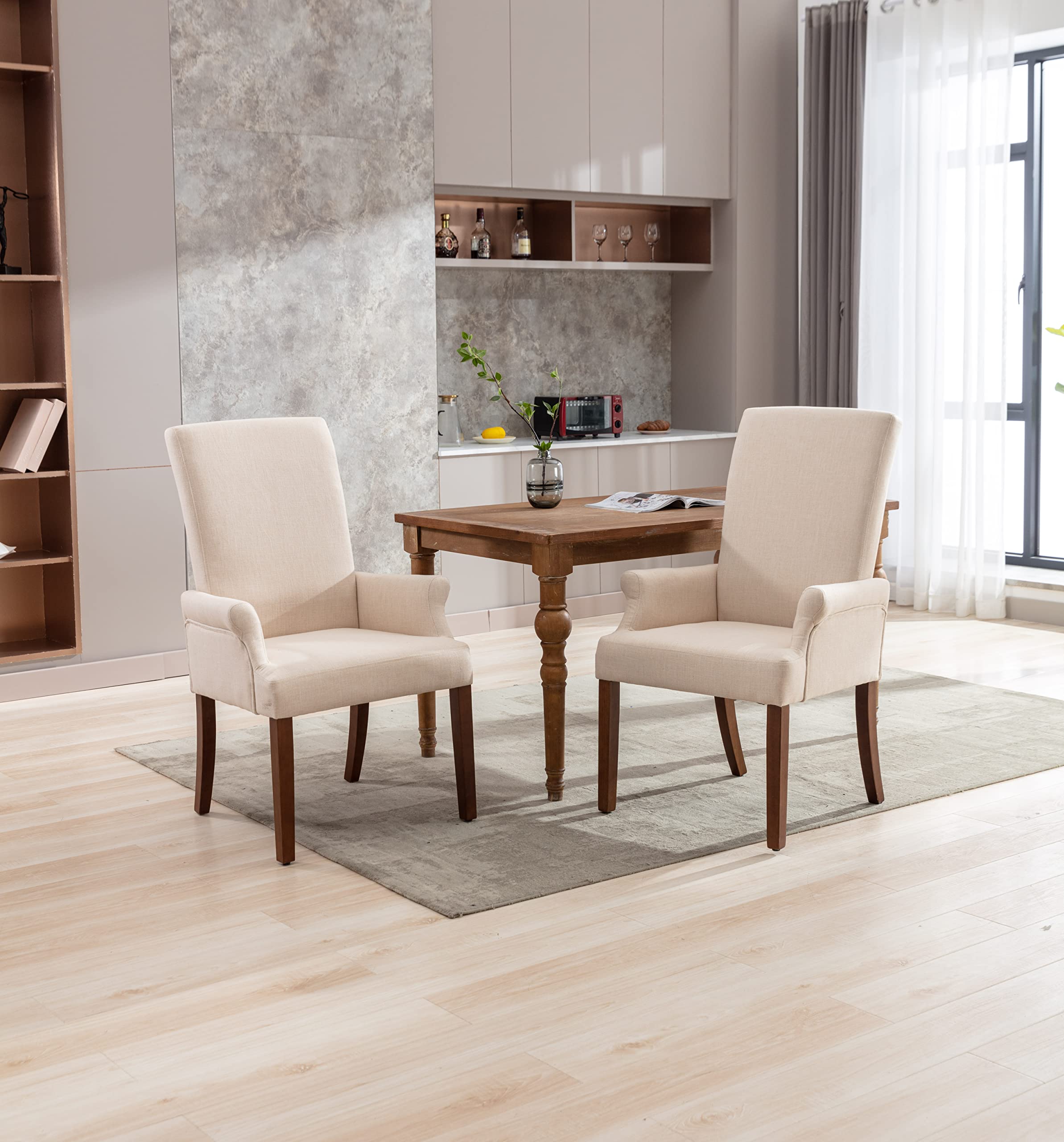 Restworld Dining Room Chairs with Arms,Tufted Upholstered High Back Nailed Trim with Untique Oak Wood Legs for Kitchen Restaurant Room Bedroom (Ivory, SingleA)