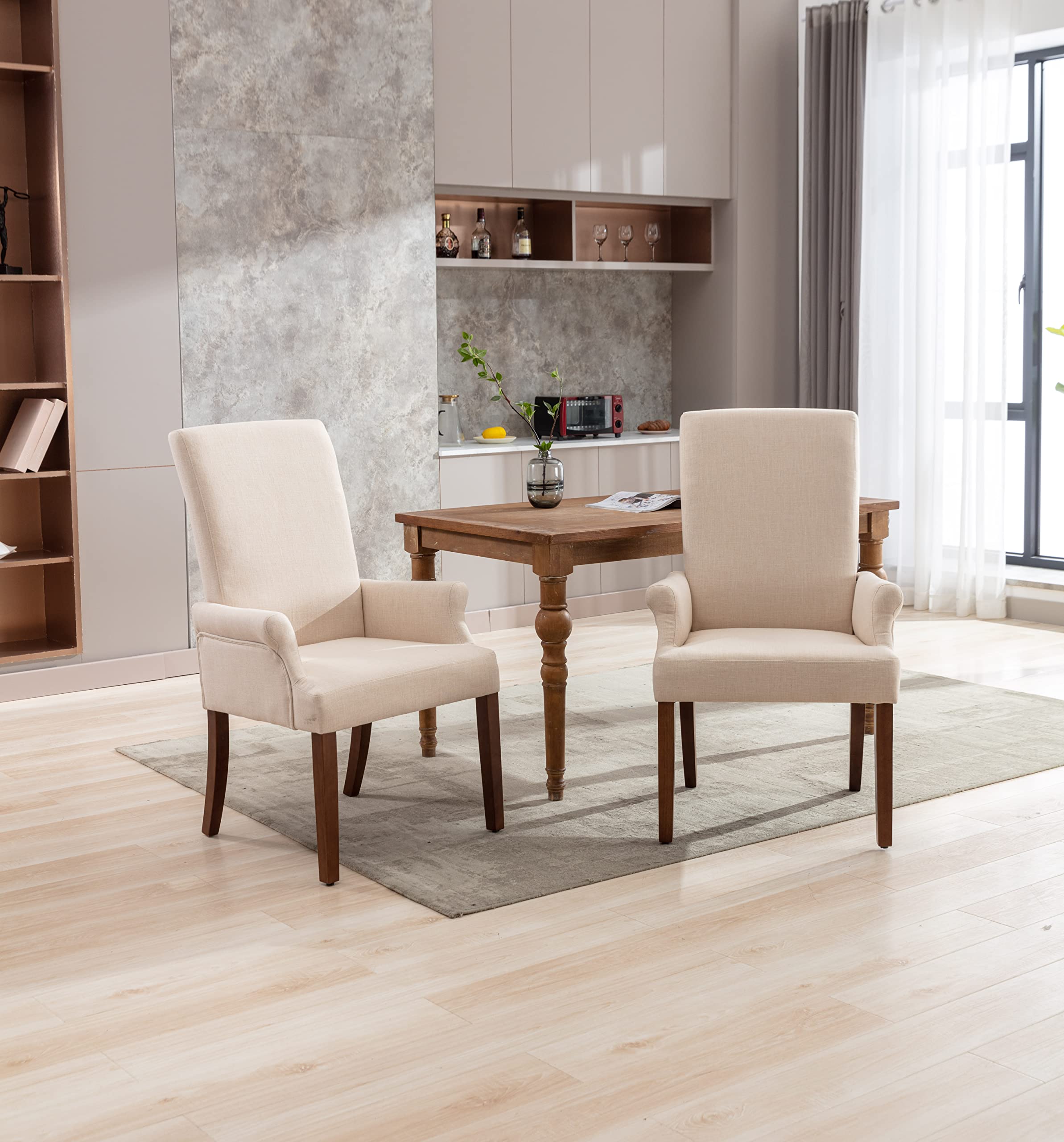 Restworld Dining Room Chairs with Arms,Tufted Upholstered High Back Nailed Trim with Untique Oak Wood Legs for Kitchen Restaurant Room Bedroom (Ivory, SingleA)