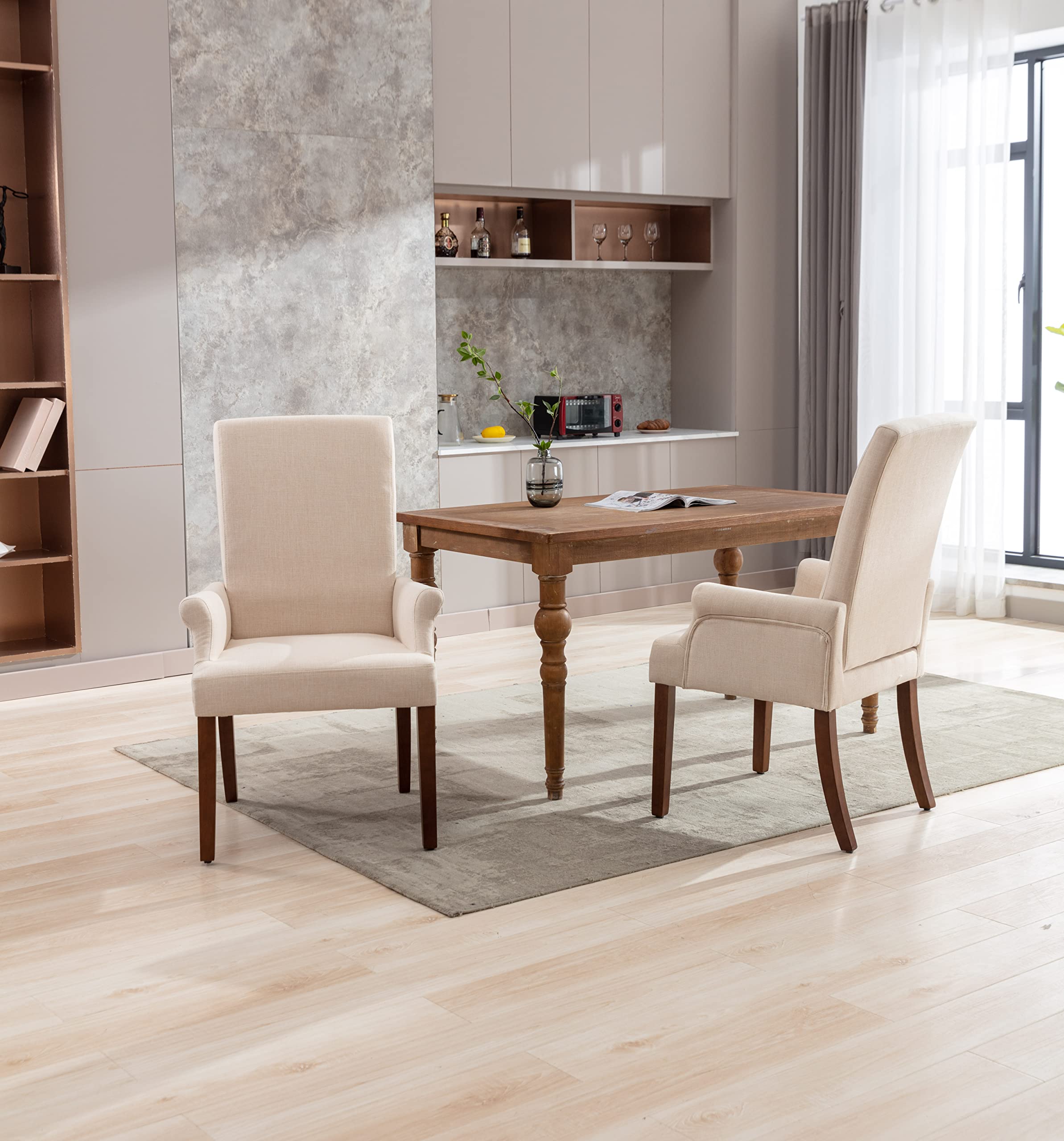 Restworld Dining Room Chairs with Arms,Tufted Upholstered High Back Nailed Trim with Untique Oak Wood Legs for Kitchen Restaurant Room Bedroom (Ivory, SingleA)