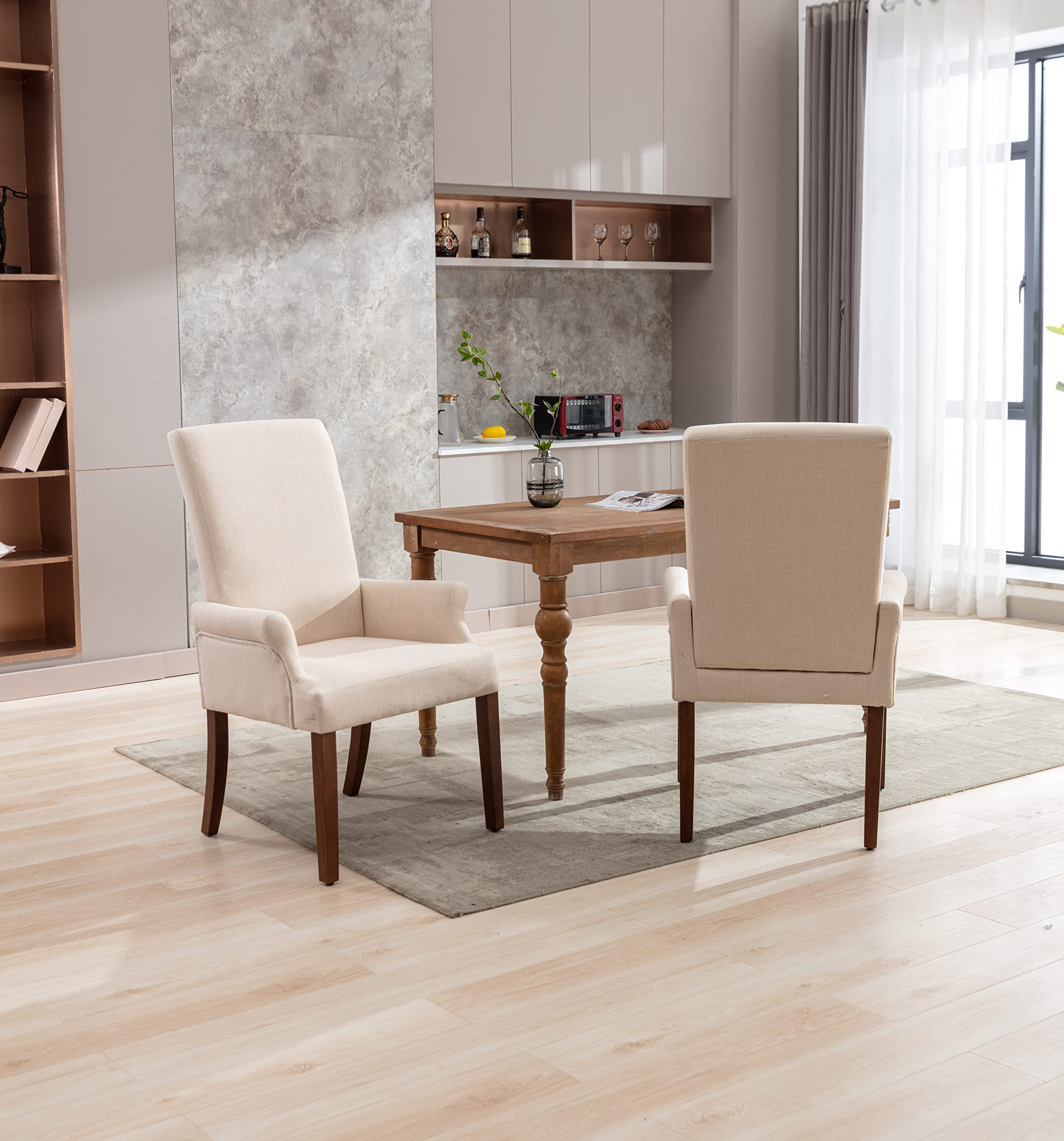 Restworld Dining Room Chairs with Arms,Tufted Upholstered High Back Nailed Trim with Untique Oak Wood Legs for Kitchen Restaurant Room Bedroom (Ivory, SingleA)