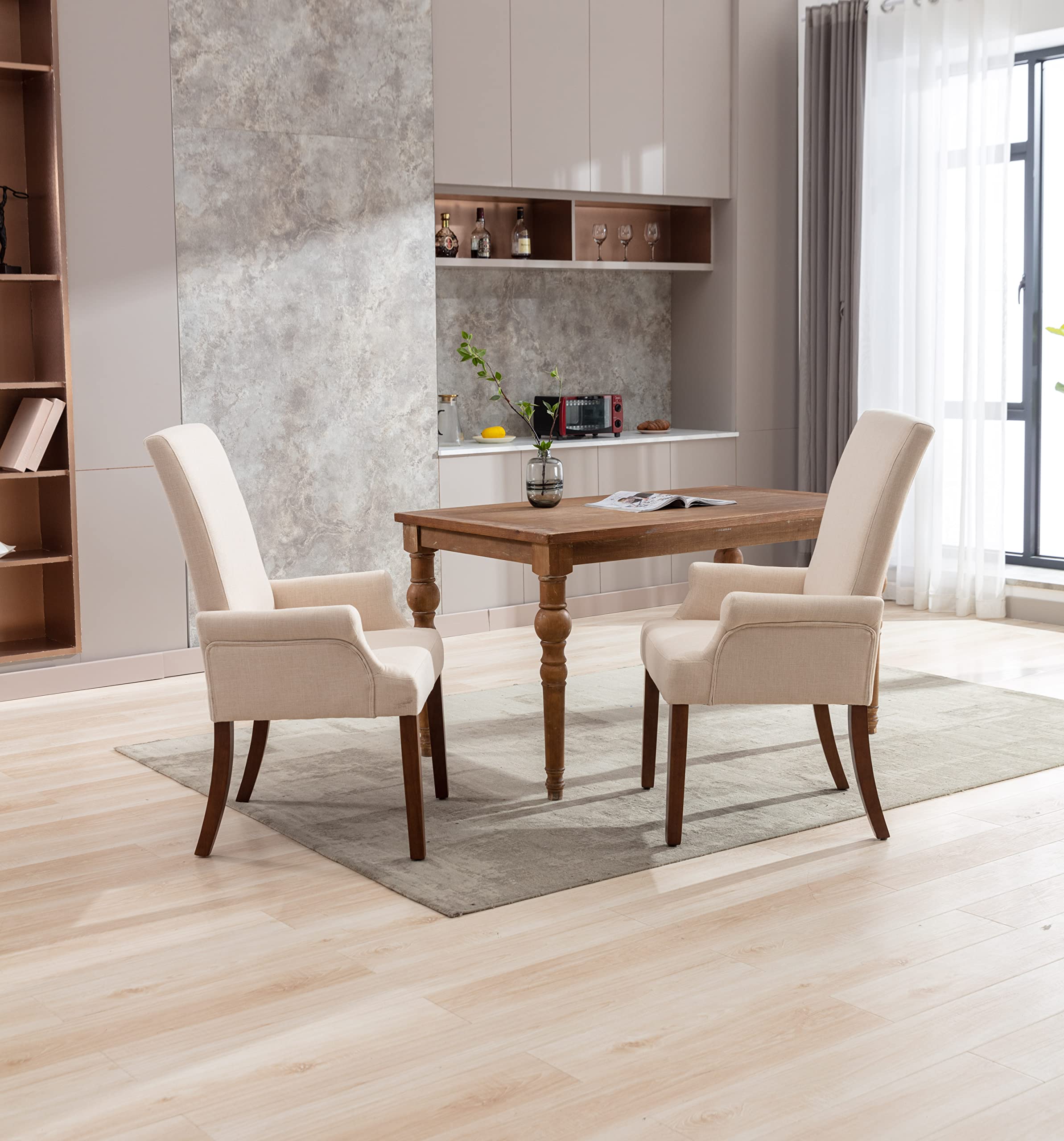 Restworld Dining Room Chairs with Arms,Tufted Upholstered High Back Nailed Trim with Untique Oak Wood Legs for Kitchen Restaurant Room Bedroom (Ivory, SingleA)
