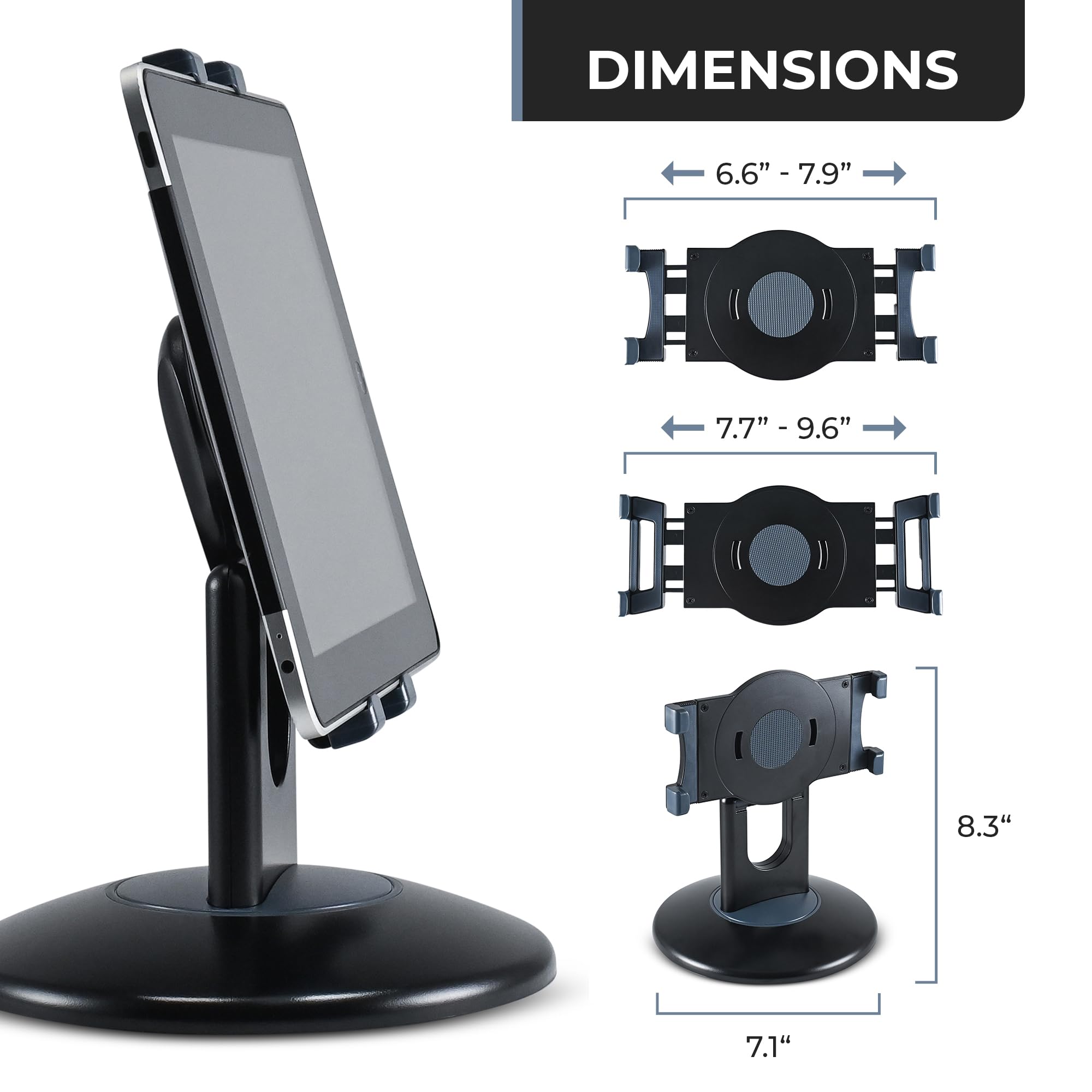 Aidata Tablet Stand - Compatible with iPad, iPad Mini, and Most 6-Inch-13-Inch Tablets, Adjustable Commercial POS Holder with 360-Degree Swivel, for Retail, Classroom, Business, and Home, Black