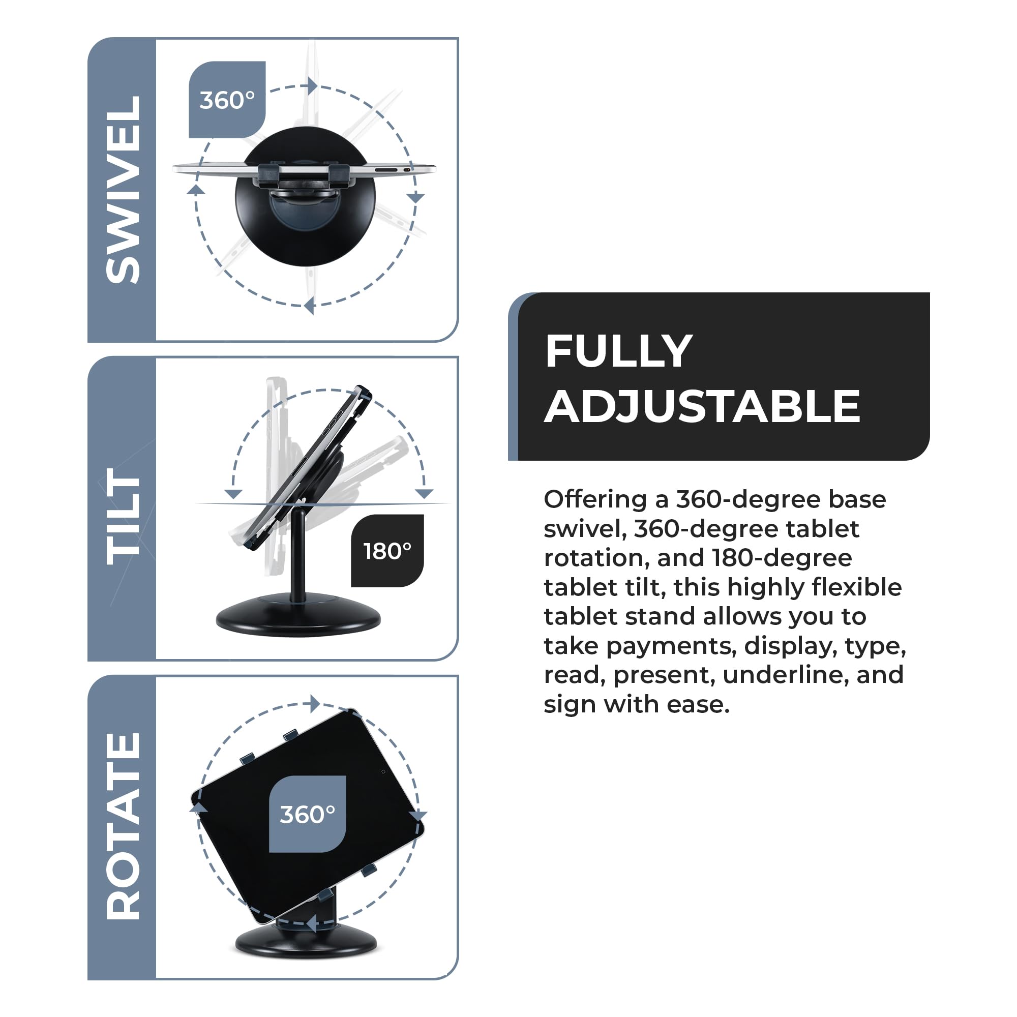 Aidata Tablet Stand - Compatible with iPad, iPad Mini, and Most 6-Inch-13-Inch Tablets, Adjustable Commercial POS Holder with 360-Degree Swivel, for Retail, Classroom, Business, and Home, Black