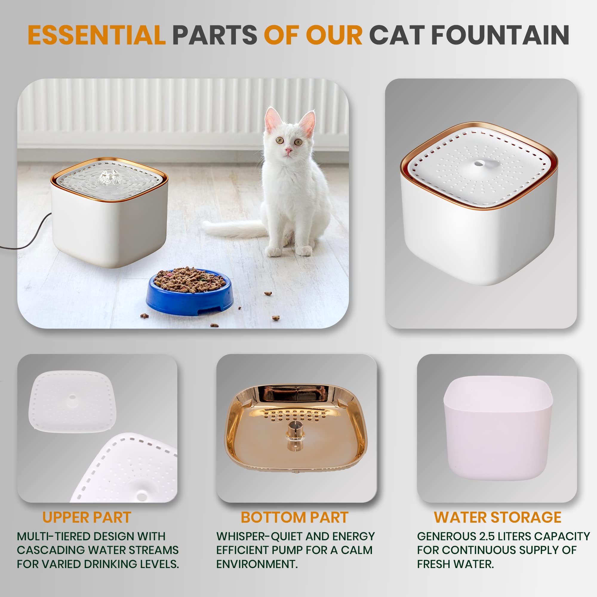 BESTIA Jack Cat Water Fountain - 67oz/2.5L Noise-Free, LED Light, Carbon Absorption Filter, Pet Water Fountain for Cats & Small Dogs (White, Polypropylene)