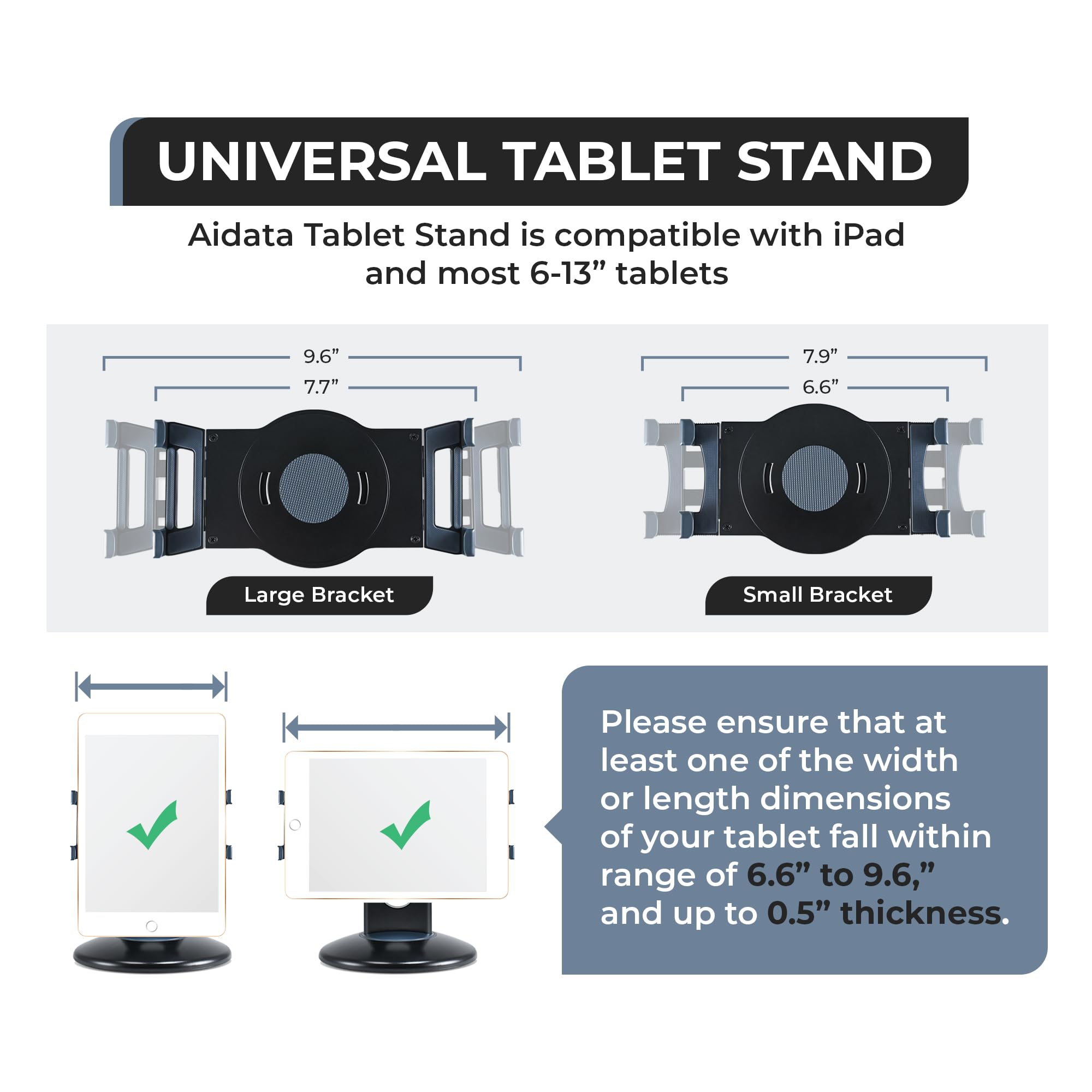 Aidata Tablet Stand - Compatible with iPad, iPad Mini, and Most 6-Inch-13-Inch Tablets, Adjustable Commercial POS Holder with 360-Degree Swivel, for Retail, Classroom, Business, and Home, Black