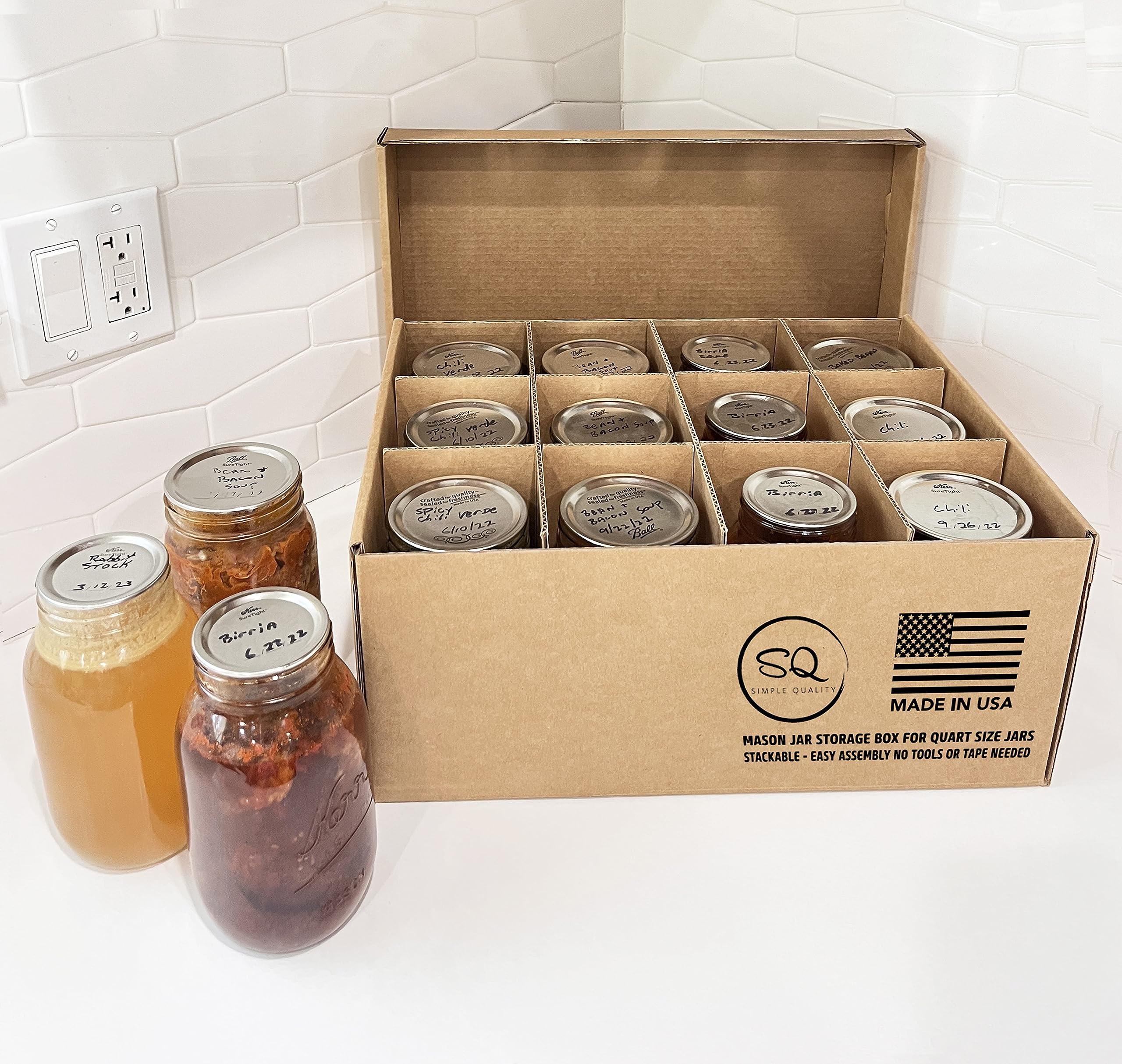 Mason Jar Storage Box Set of Three for Quart Size Canning Jars with Handles Heavy Duty Stackable Cardboard Box for Regular and Wide Mouth 32 Oz Mason Jars Canning Jar Storage Box With Labels