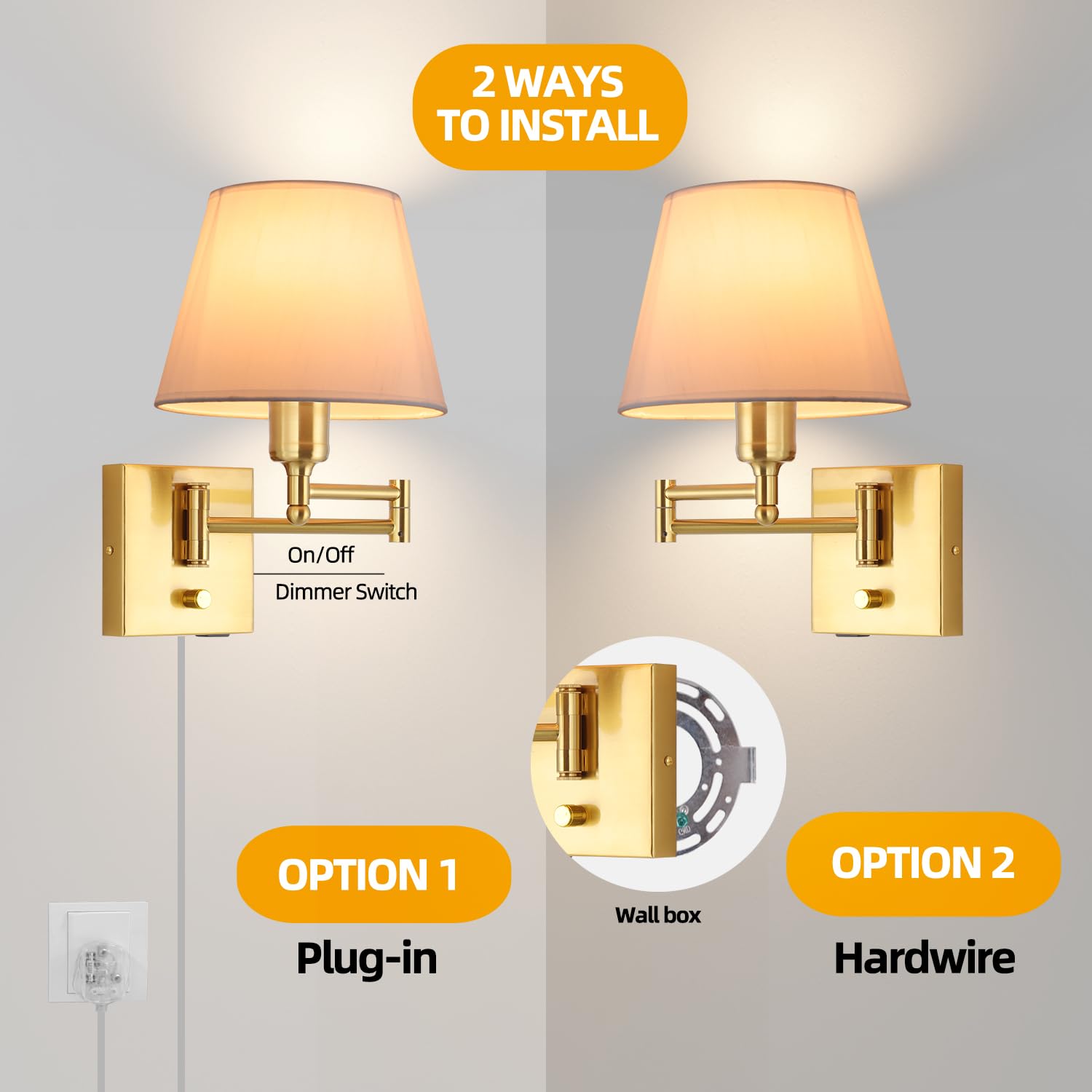 Affsure Bedside Wall Mount Light with Dimmable Switch, Swing Arm Fabric Shade Wall Sconce Light with USB Port and Plug in Cord, Gold Wall Lamp for Bedroom, Living Room and Hotel