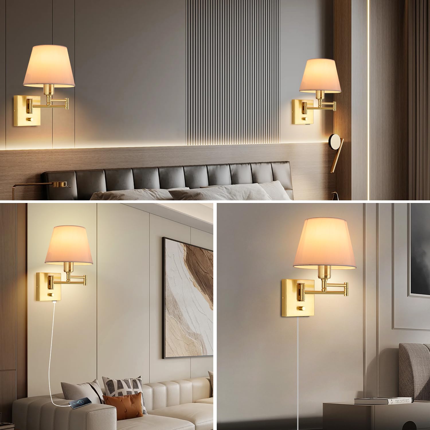 Affsure Bedside Wall Mount Light with Dimmable Switch, Swing Arm Fabric Shade Wall Sconce Light with USB Port and Plug in Cord, Gold Wall Lamp for Bedroom, Living Room and Hotel