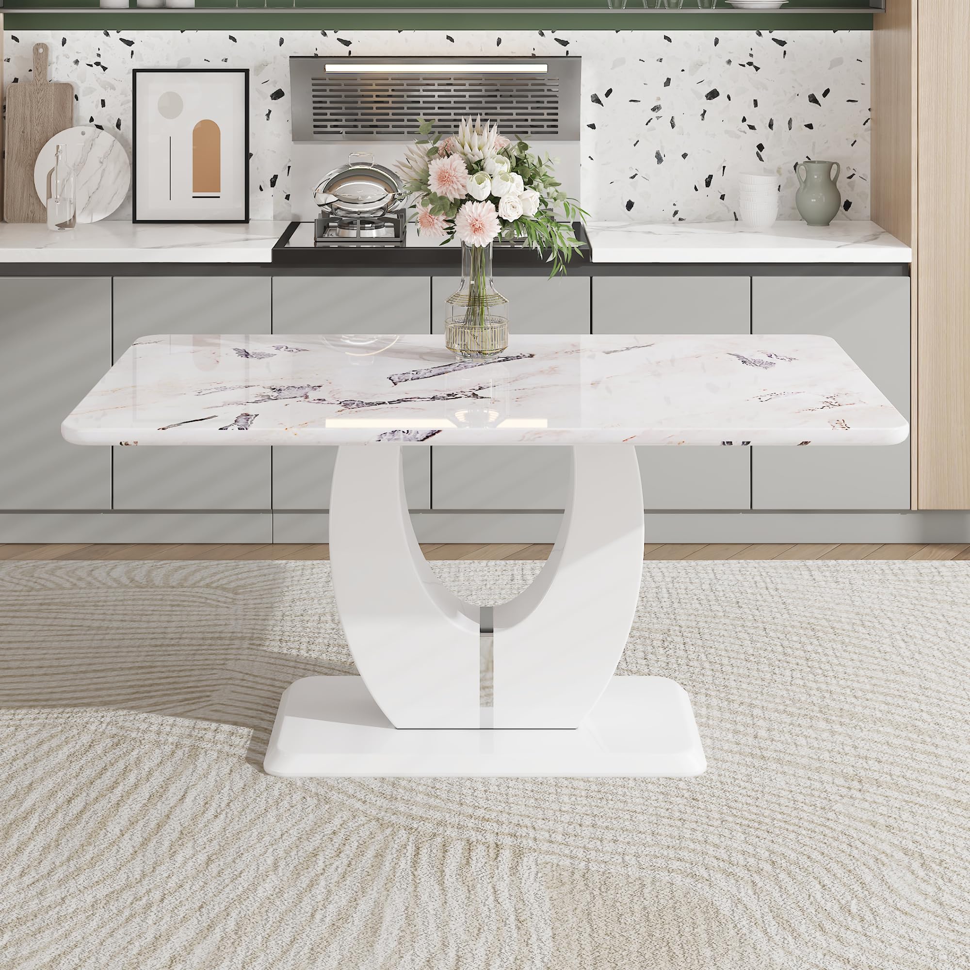 HomVent 63” Contemporary Style Rectangle Kitchen Table with 6 Faux Leather Chair, Dining Room Table with Wood U-Base, Simplistic Kitchen Table Dining Table (White w/ 6 Light Gray Chair)