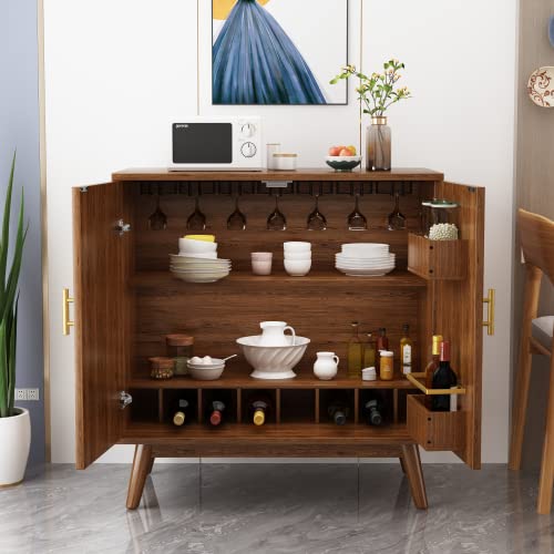 Lamerge Wine Bar Cabinet, Kitchen Storage Cabinet with Wine Rack and Shelves, Liquor Cabinet Coffee Bar Cabinet for Home Living Room, Kitchen, Hallway, Walnut