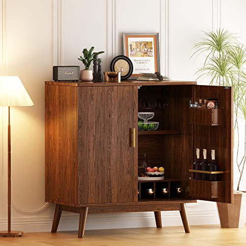 Lamerge Wine Bar Cabinet, Kitchen Storage Cabinet with Wine Rack and Shelves, Liquor Cabinet Coffee Bar Cabinet for Home Living Room, Kitchen, Hallway, Walnut