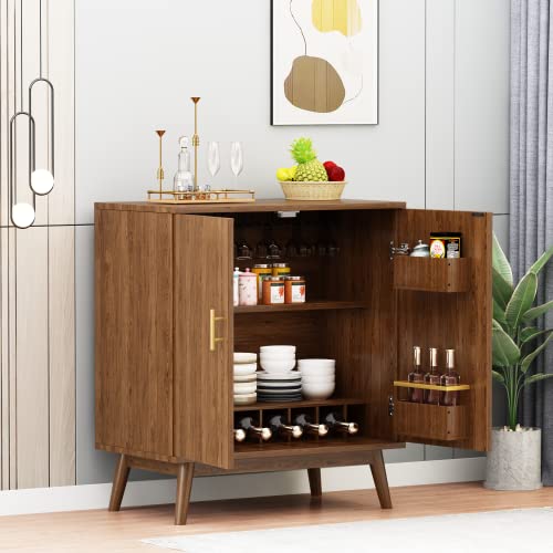 Lamerge Wine Bar Cabinet, Kitchen Storage Cabinet with Wine Rack and Shelves, Liquor Cabinet Coffee Bar Cabinet for Home Living Room, Kitchen, Hallway, Walnut