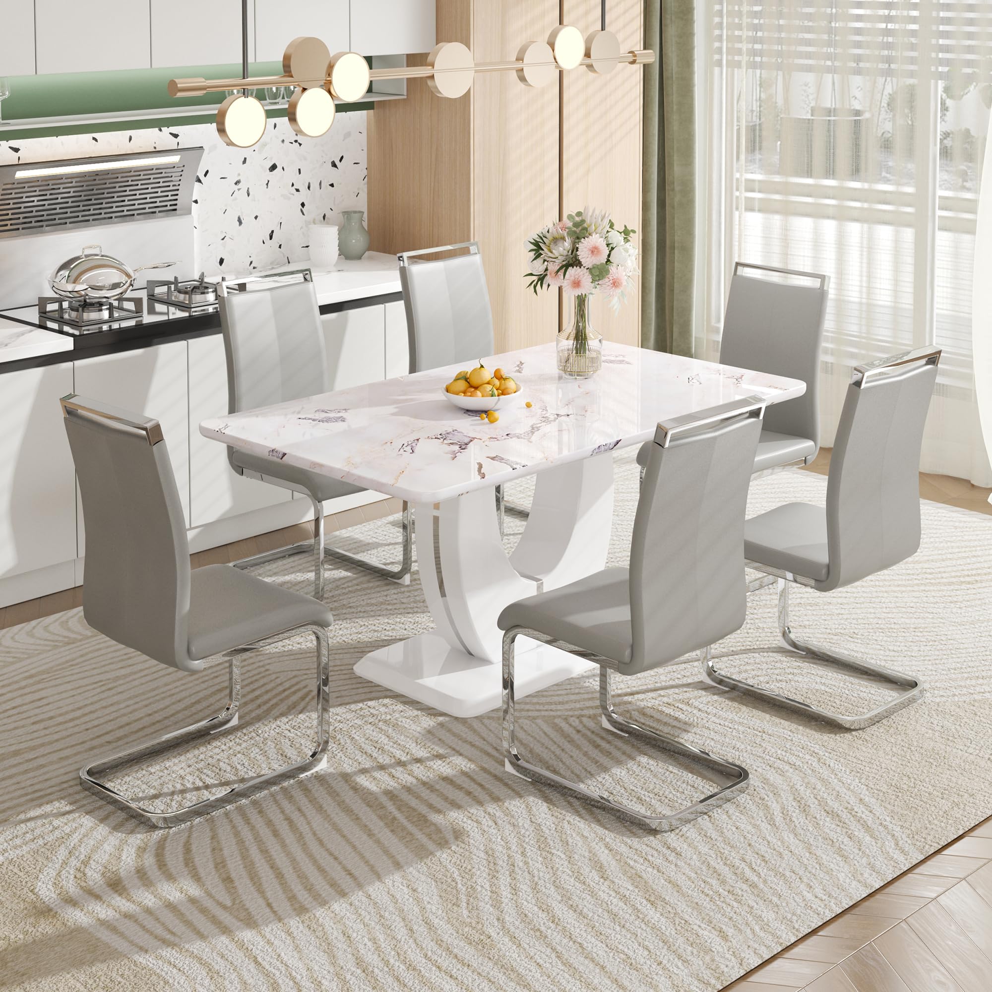 HomVent 63” Contemporary Style Rectangle Kitchen Table with 6 Faux Leather Chair, Dining Room Table with Wood U-Base, Simplistic Kitchen Table Dining Table (White w/ 6 Light Gray Chair)