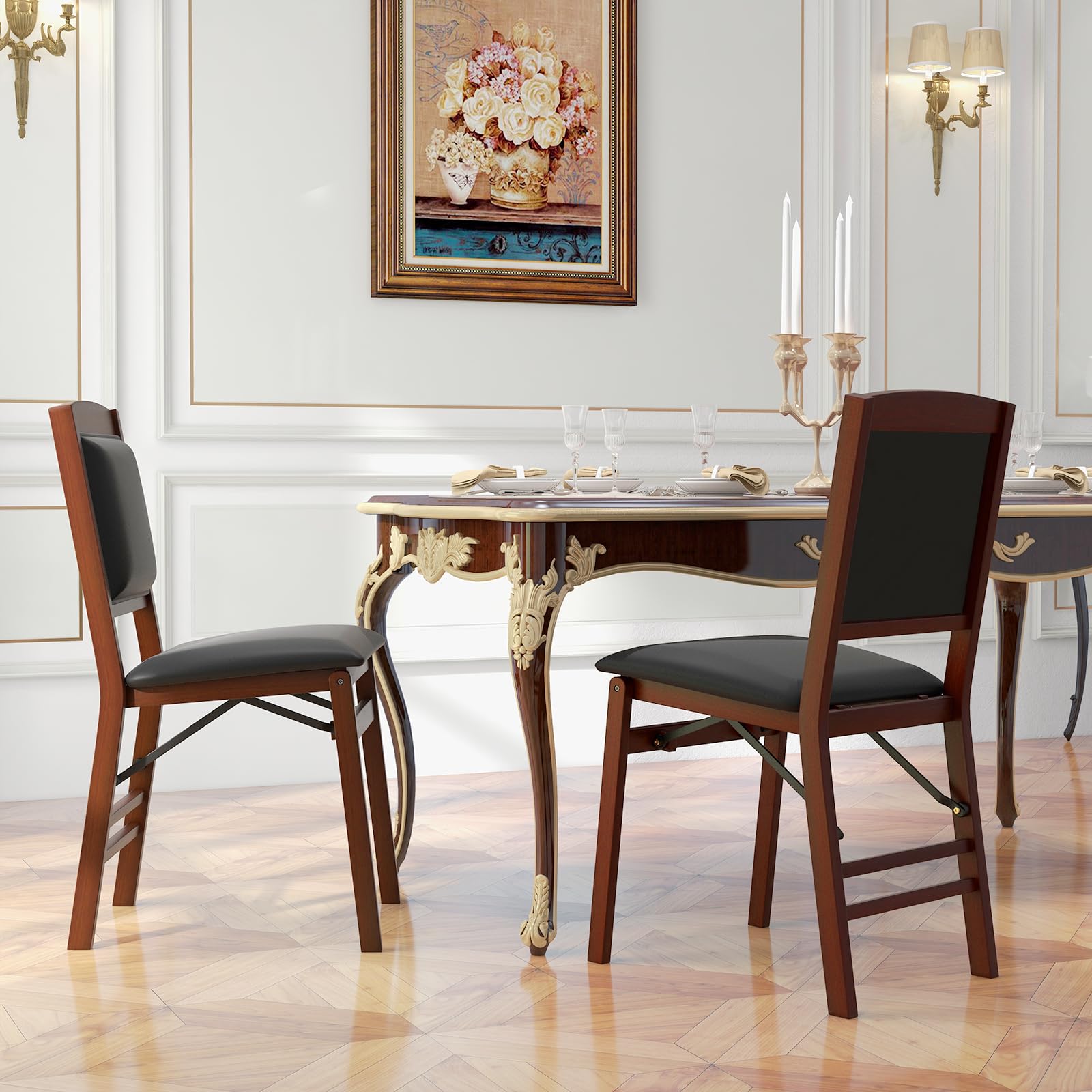 GOFLAME Folding Dining Chairs Set of 2, Foldable Chairs with PVC Padded Seat & High Backrest, Wooden Side Chairs, 2 Pack Dining Chairs for Living Room, Kitchen, Restaurant