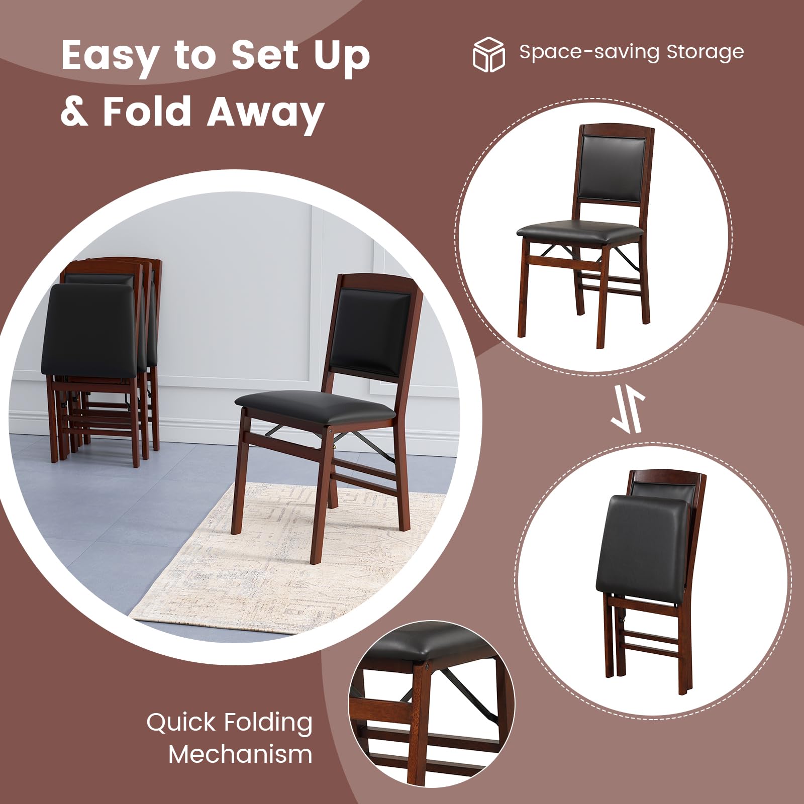 GOFLAME Folding Dining Chairs Set of 2, Foldable Chairs with PVC Padded Seat & High Backrest, Wooden Side Chairs, 2 Pack Dining Chairs for Living Room, Kitchen, Restaurant
