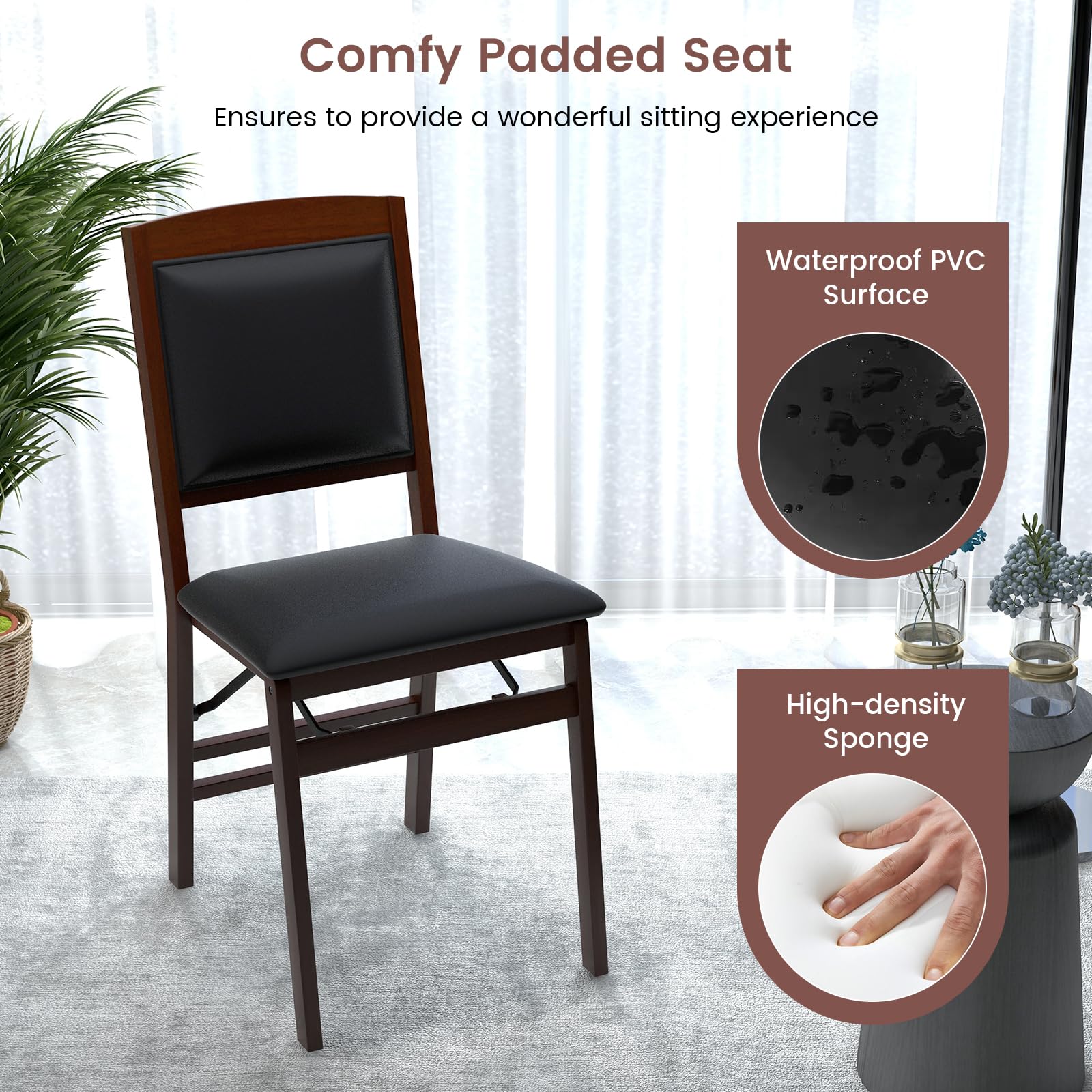 GOFLAME Folding Dining Chairs Set of 2, Foldable Chairs with PVC Padded Seat & High Backrest, Wooden Side Chairs, 2 Pack Dining Chairs for Living Room, Kitchen, Restaurant