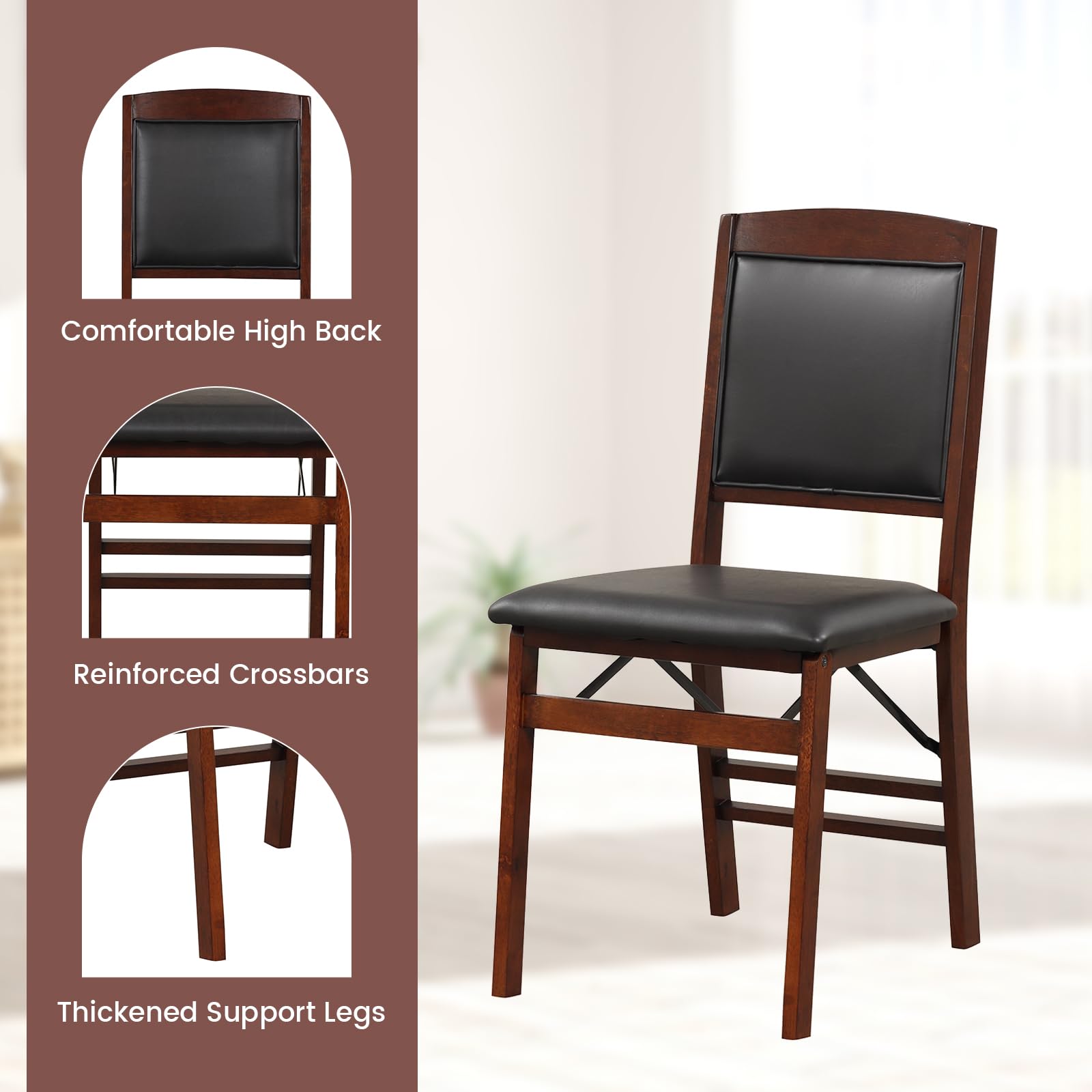 GOFLAME Folding Dining Chairs Set of 2, Foldable Chairs with PVC Padded Seat & High Backrest, Wooden Side Chairs, 2 Pack Dining Chairs for Living Room, Kitchen, Restaurant