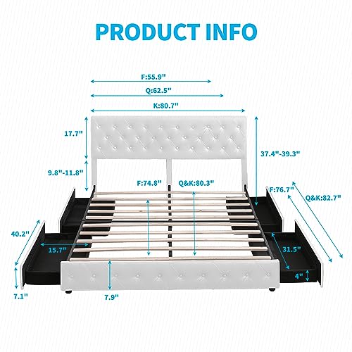 Mjkone Upholstered California King Platform Bed Frame with 4 Storage Drawers, PU Leather Modern Bed Frame with Adjustable Headboard, Button Tufted Design/No Box Spring Needed/Easy Assembly (White)