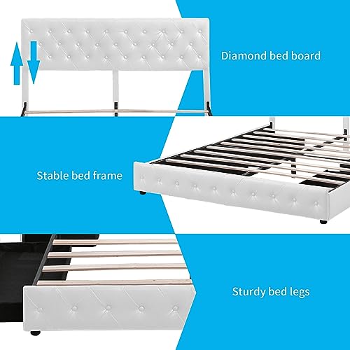 Mjkone Upholstered California King Platform Bed Frame with 4 Storage Drawers, PU Leather Modern Bed Frame with Adjustable Headboard, Button Tufted Design/No Box Spring Needed/Easy Assembly (White)