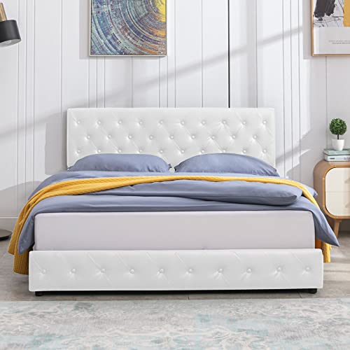 Mjkone Upholstered California King Platform Bed Frame with 4 Storage Drawers, PU Leather Modern Bed Frame with Adjustable Headboard, Button Tufted Design/No Box Spring Needed/Easy Assembly (White)