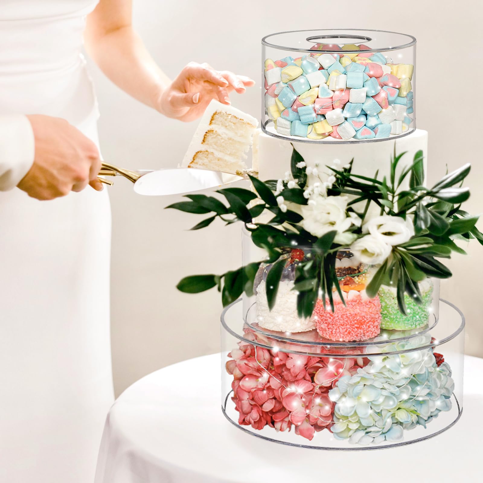 Cutora 3PCS Acrylic Cake Stand Fillable Clear Cake Riser Box Cylinder Round Display Case for Wedding Birthday Party 3 Tiers 8" 10" 12"