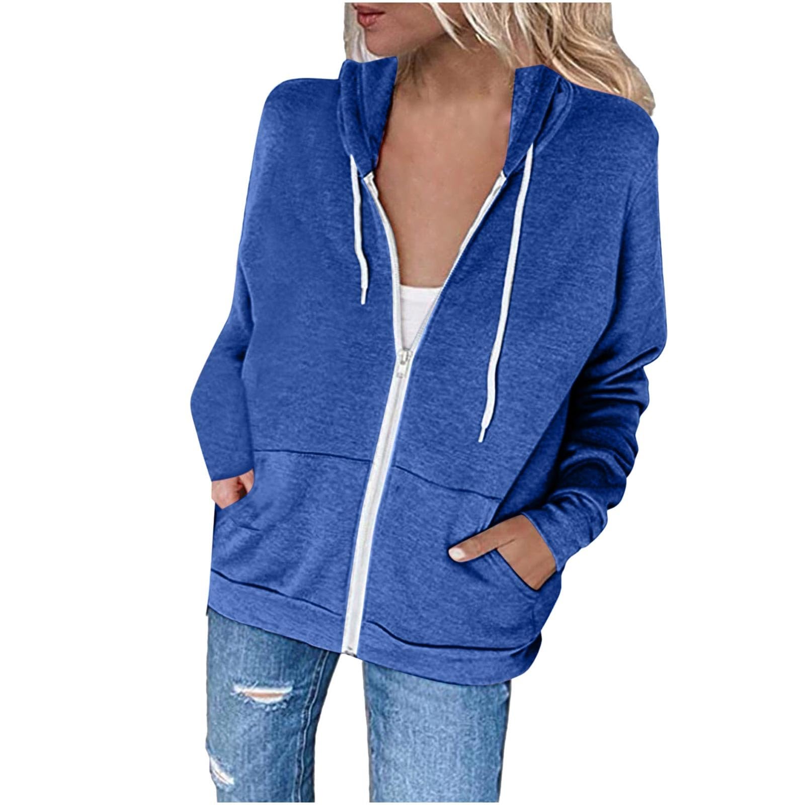 ZunFeo sweatshirts women early prime deals Zip Up Hoodie Y2k Women Long Sleeve Casual Sweatshirts Lightweight Drawstring Sweater Jackets Fall Fashion Clothes Blue L