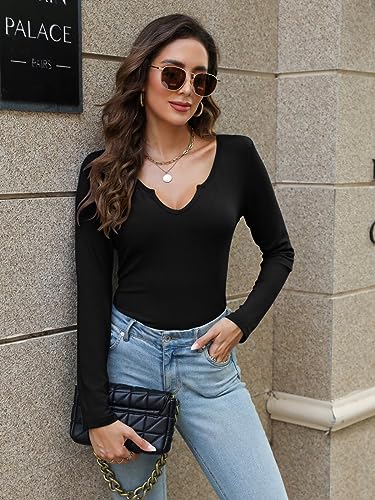 Micticsi Women Long Sleeve Tops V Neck T Shirts for Women Fall Tops Long Sleeve Tee Shirts Fitted Black