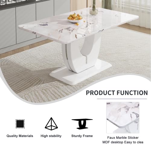 Goujxcy Modern White Marble Dining Table for 4 6 8, Kitchen Dining Room Table with White Marble Tabletop and Large U-Shape Pedestal Base Dinner Table for Dining Room (White9)