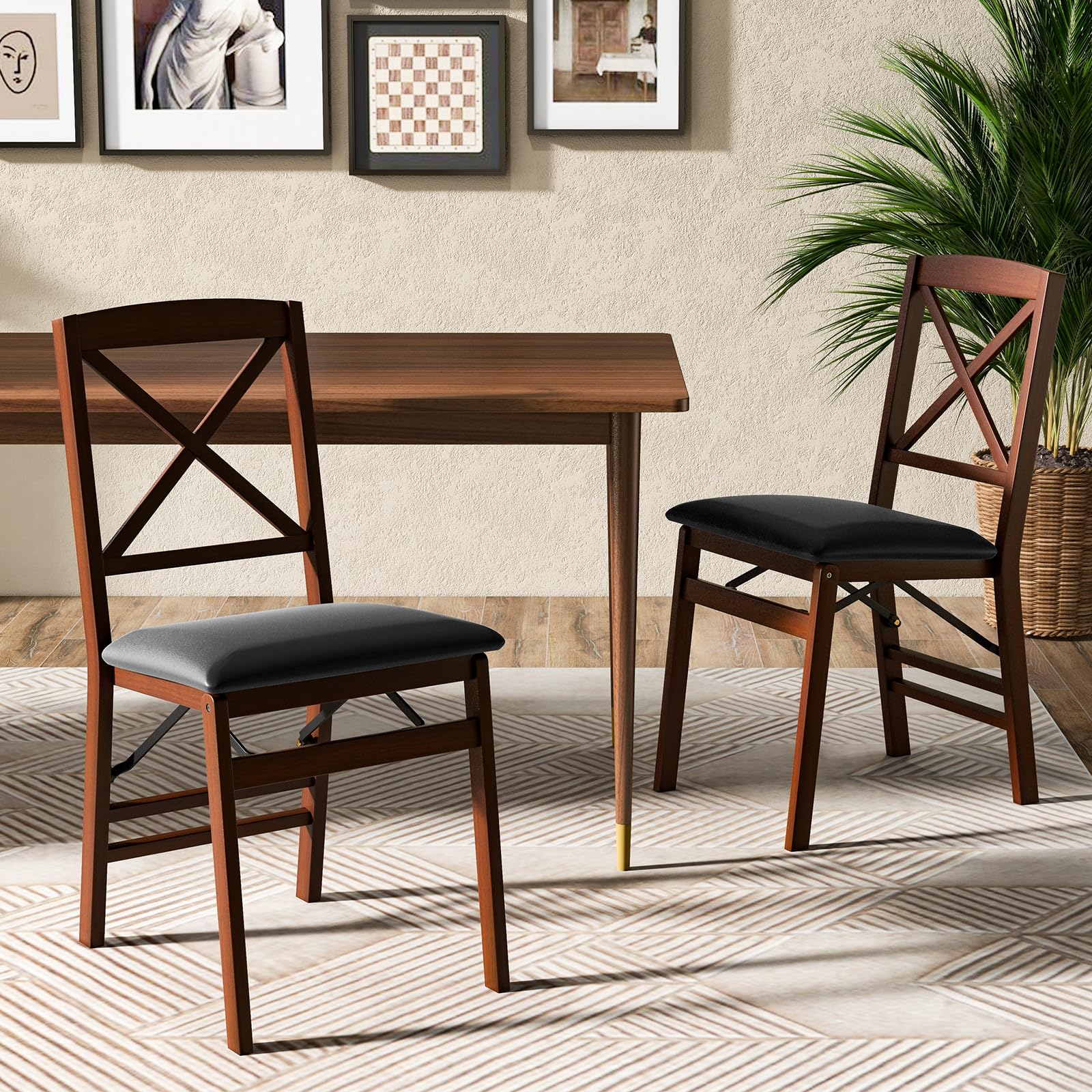 GOFLAME Folding Dining Chairs Set of 2, Foldable Side Chairs with PVC Padded Seat & High Backrest, 2 Pack Wooden Dining Chairs for Living Room, Kitchen, Restaurant