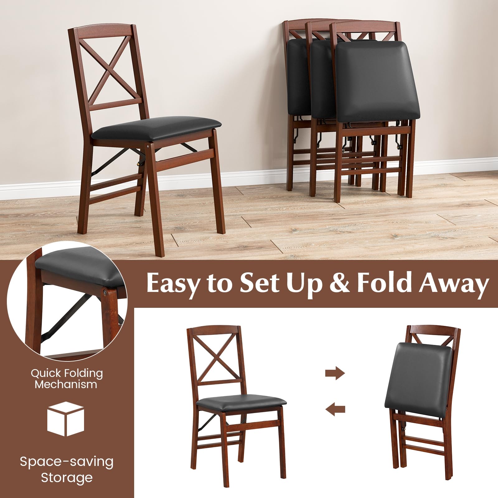 GOFLAME Folding Dining Chairs Set of 2, Foldable Side Chairs with PVC Padded Seat & High Backrest, 2 Pack Wooden Dining Chairs for Living Room, Kitchen, Restaurant