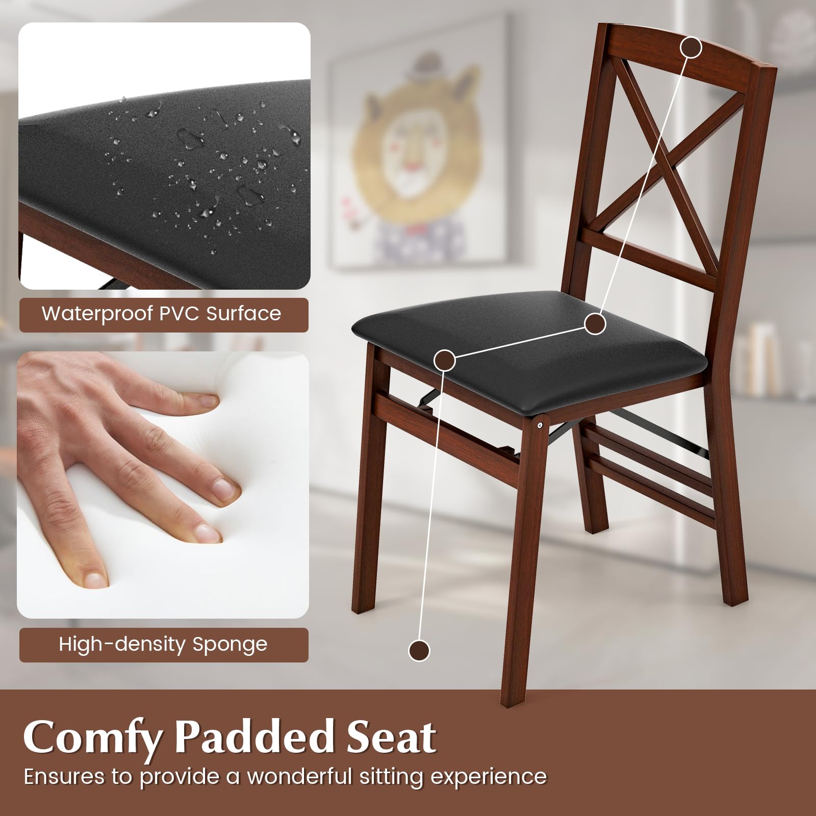 GOFLAME Folding Dining Chairs Set of 2, Foldable Side Chairs with PVC Padded Seat & High Backrest, 2 Pack Wooden Dining Chairs for Living Room, Kitchen, Restaurant