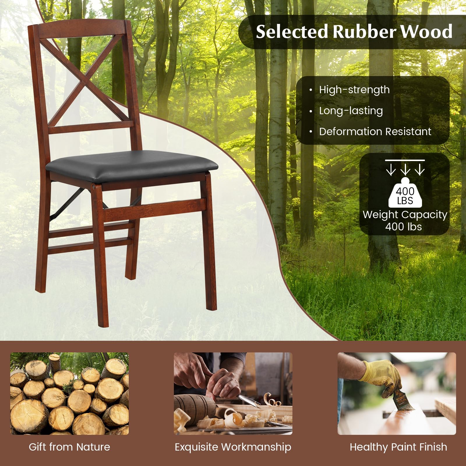 GOFLAME Folding Dining Chairs Set of 2, Foldable Side Chairs with PVC Padded Seat & High Backrest, 2 Pack Wooden Dining Chairs for Living Room, Kitchen, Restaurant