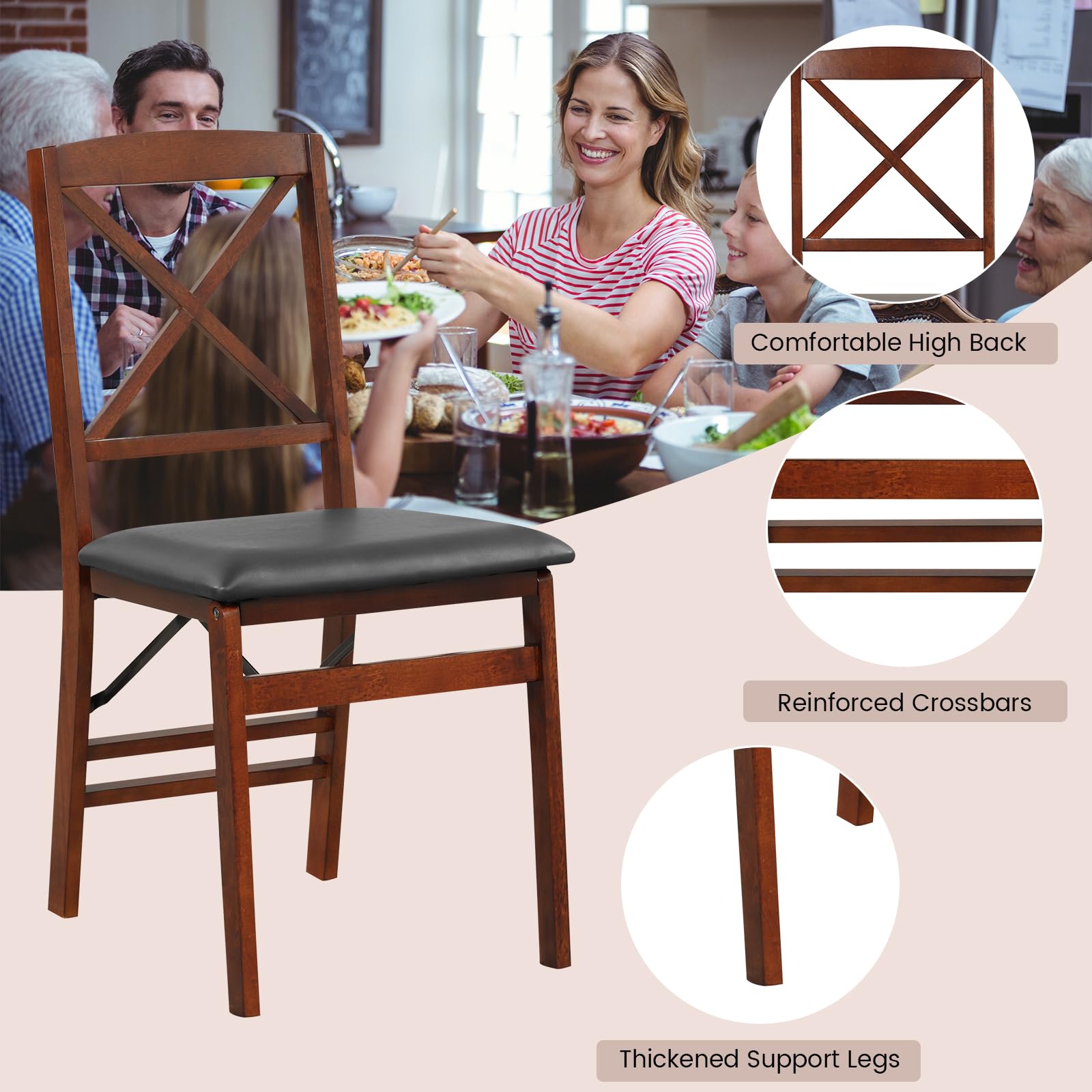 GOFLAME Folding Dining Chairs Set of 2, Foldable Side Chairs with PVC Padded Seat & High Backrest, 2 Pack Wooden Dining Chairs for Living Room, Kitchen, Restaurant