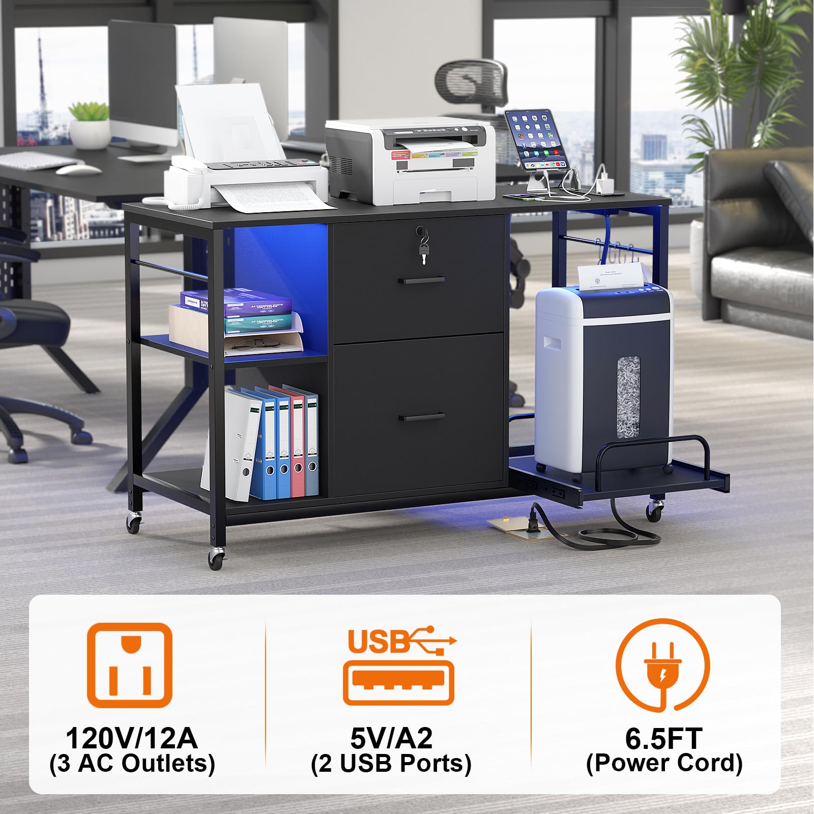 Hyomdeck 47" Lateral File Cabinet with Power Outlet and LED Light, Filing Cabinet with Printer Stand fits Legal/Letter Size, 2 Drawer File Cabinets for Home Office with Lock,Black