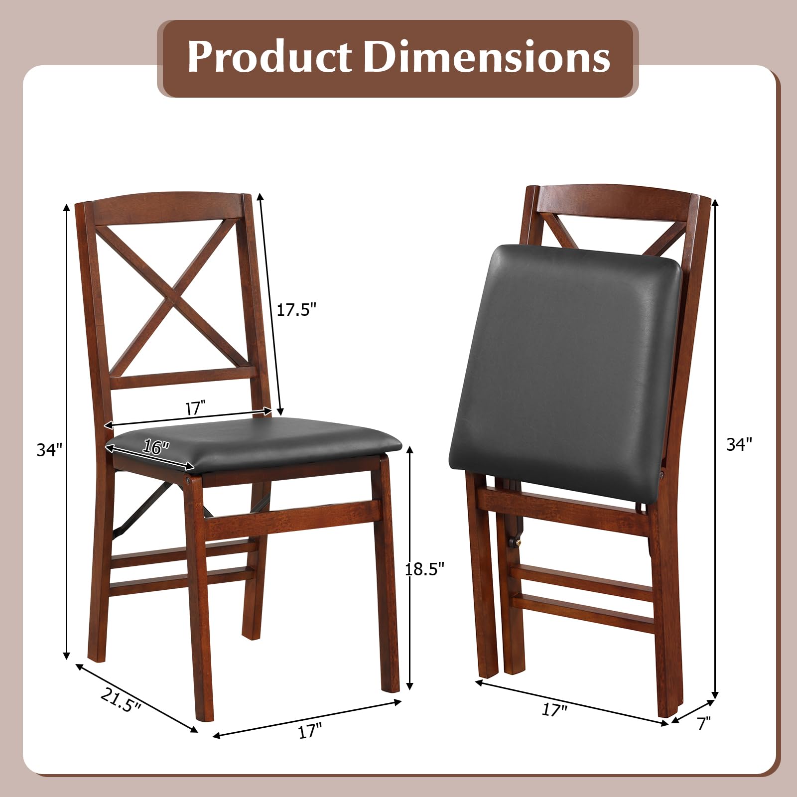 GOFLAME Folding Dining Chairs Set of 2, Foldable Side Chairs with PVC Padded Seat & High Backrest, 2 Pack Wooden Dining Chairs for Living Room, Kitchen, Restaurant