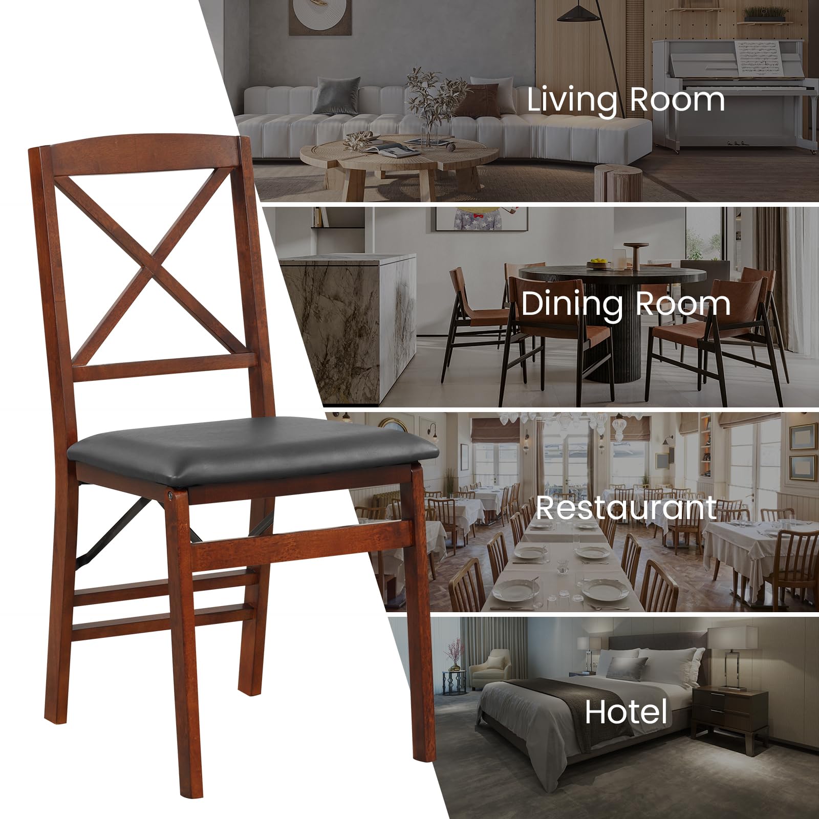 GOFLAME Folding Dining Chairs Set of 2, Foldable Side Chairs with PVC Padded Seat & High Backrest, 2 Pack Wooden Dining Chairs for Living Room, Kitchen, Restaurant