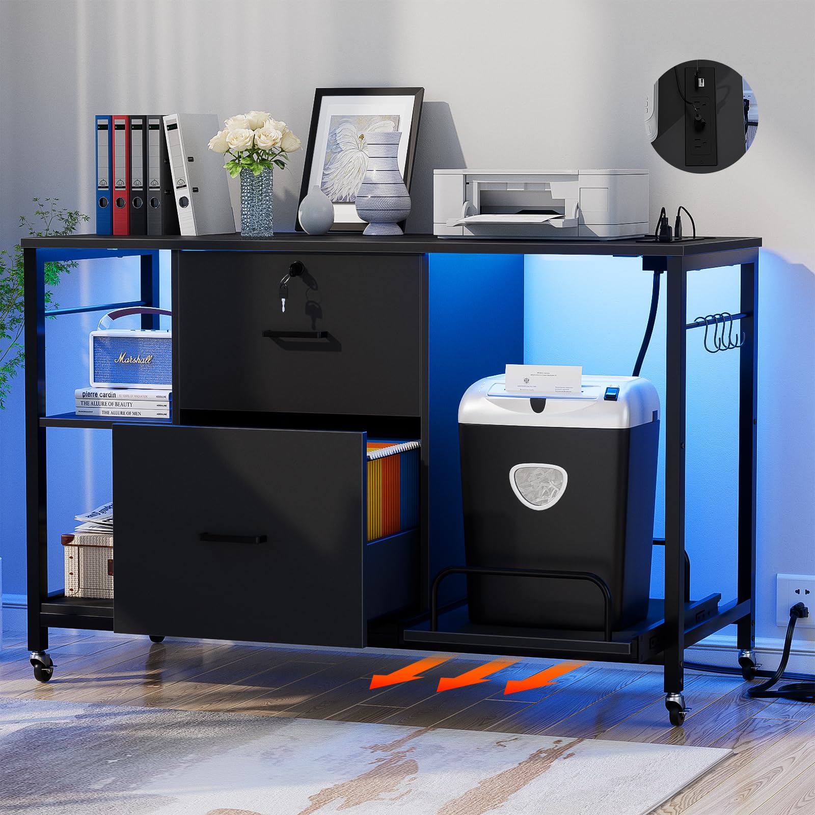 Hyomdeck 47" Lateral File Cabinet with Power Outlet and LED Light, Filing Cabinet with Printer Stand fits Legal/Letter Size, 2 Drawer File Cabinets for Home Office with Lock,Black
