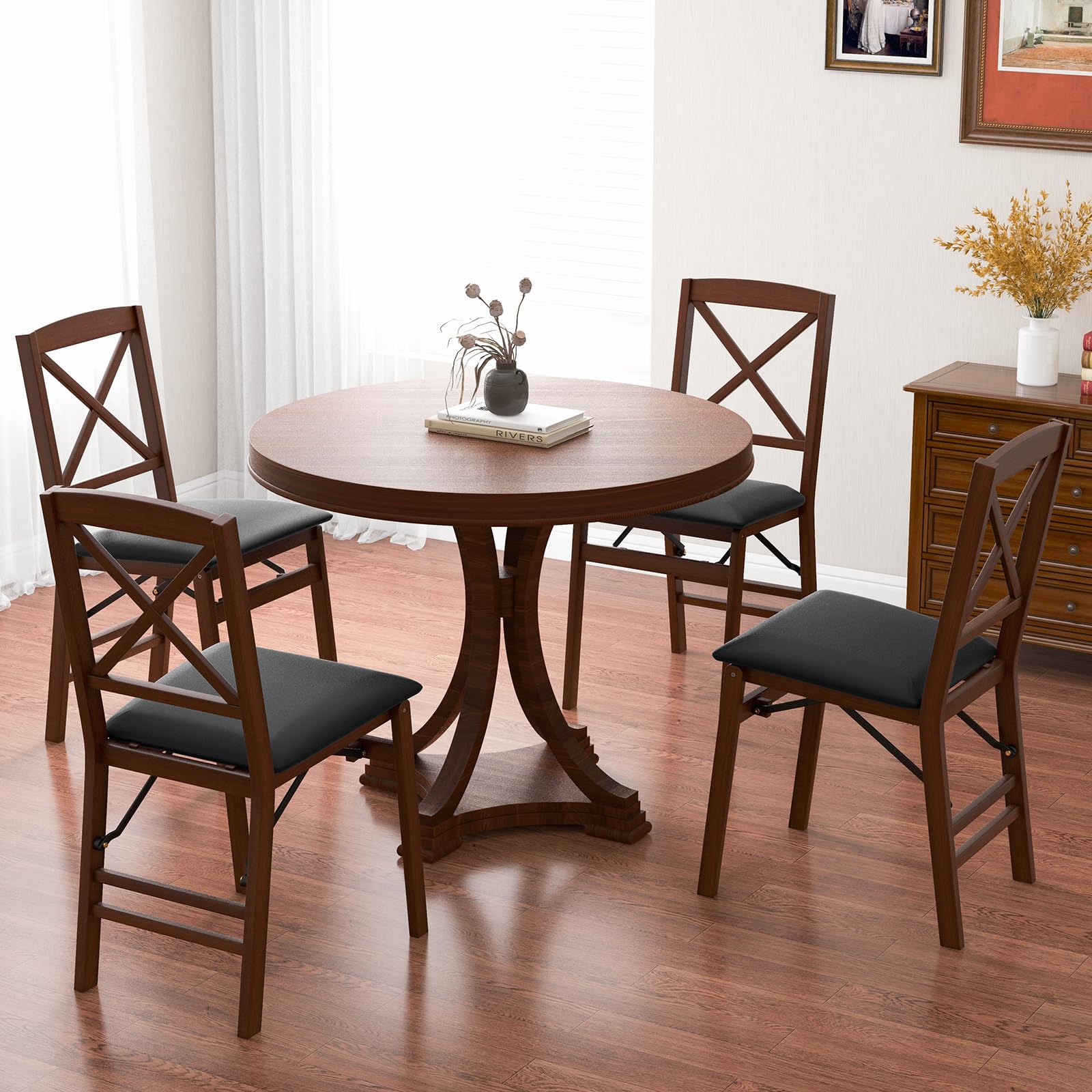 GOFLAME Folding Dining Chairs Set of 2, Foldable Side Chairs with PVC Padded Seat & High Backrest, 2 Pack Wooden Dining Chairs for Living Room, Kitchen, Restaurant